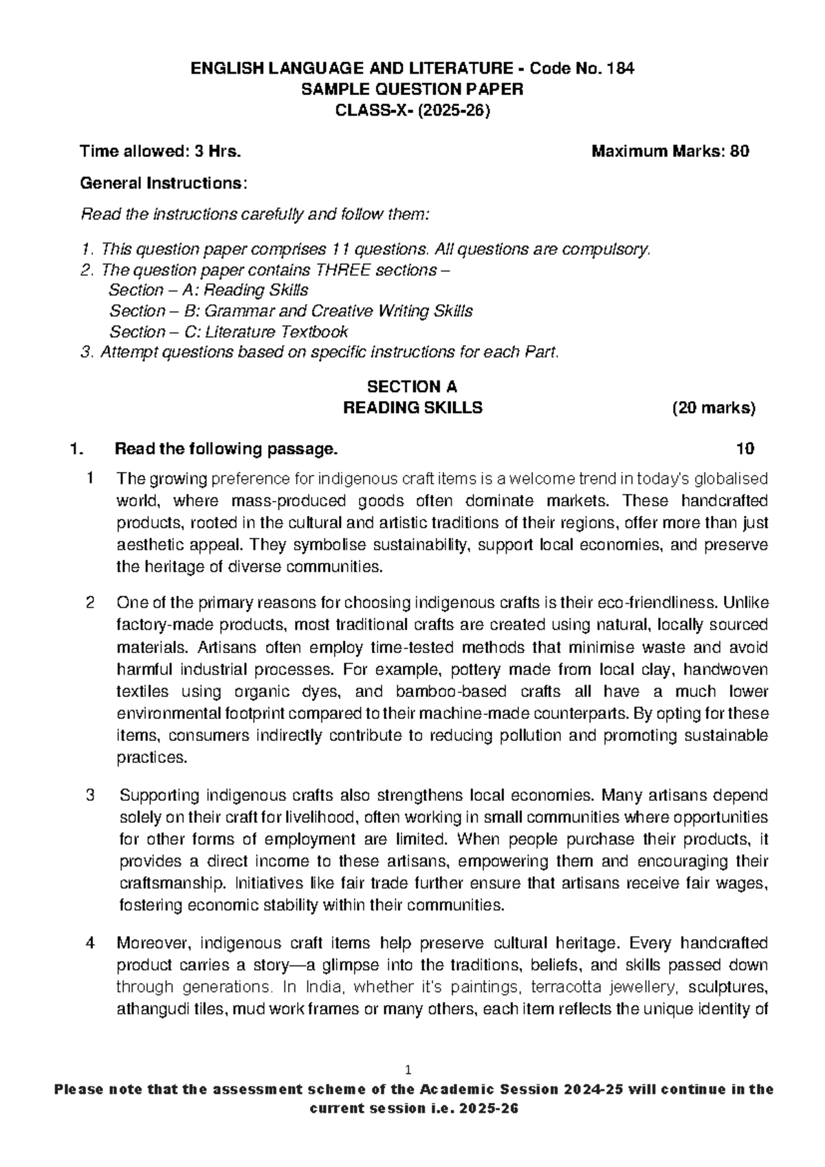 SAMPLE QUESTION PAPER: ENGLISH LANGUAGE AND LITERATURE (Code No. 184 ...