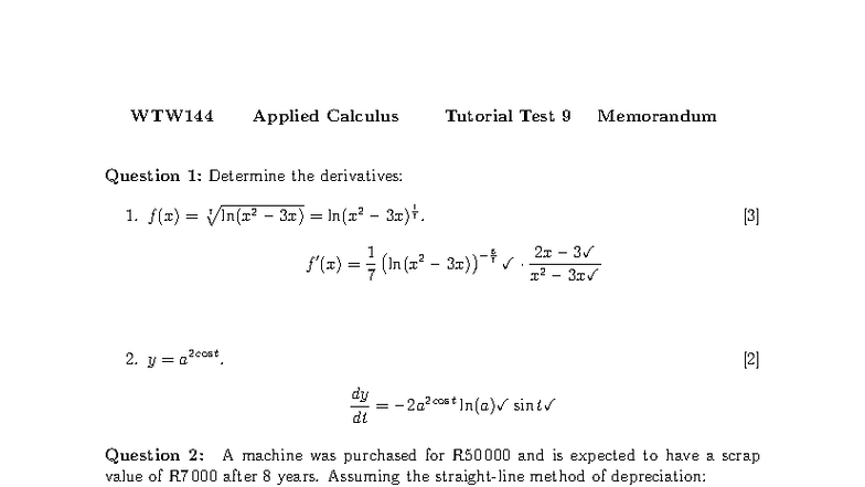 Tut test 9 - Memo - Not - WTW144 Applied Calculus Tutorial Test 9 ...