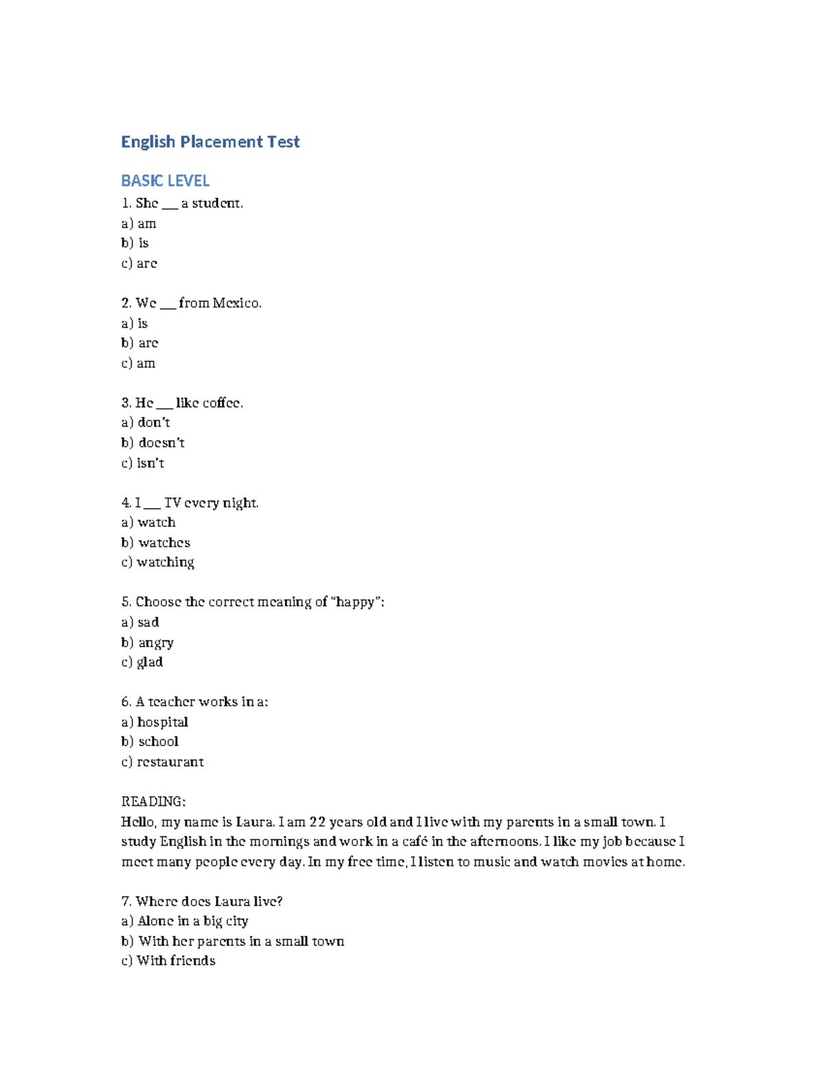 English Placement Test Questions - BASIC LEVEL 1 - Studocu