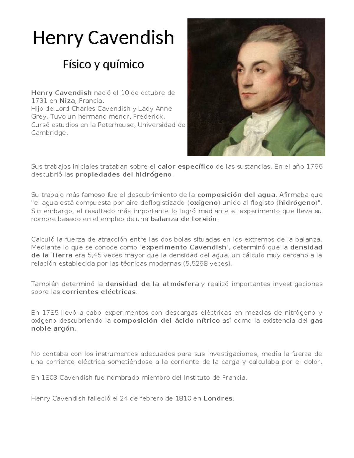 Biografia 29 04 24 - Henry Cavendish nació el 10 de octubre de 1731 en ...