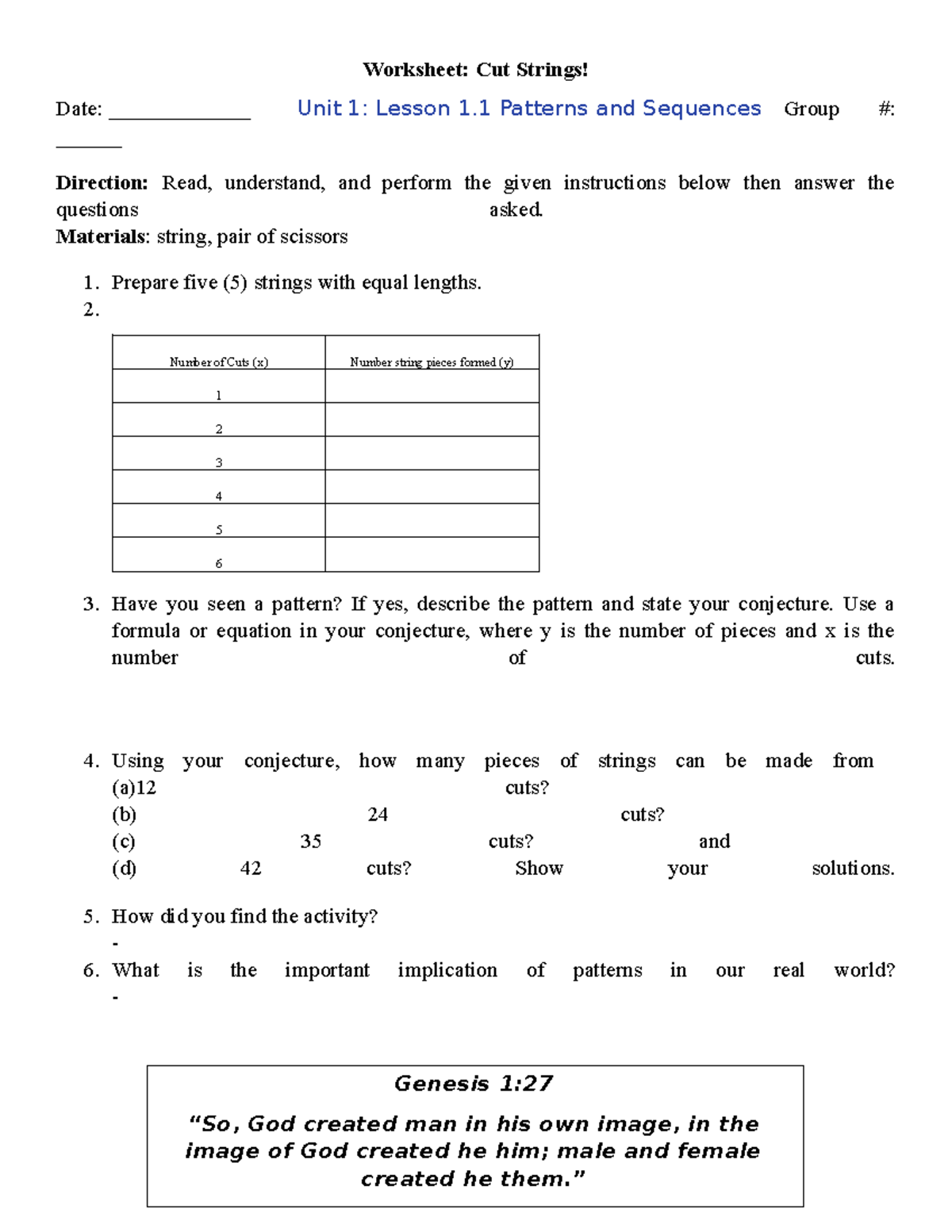 CUT String Worksheet - Worksheet: Cut Strings! Date: _____________ Unit ...