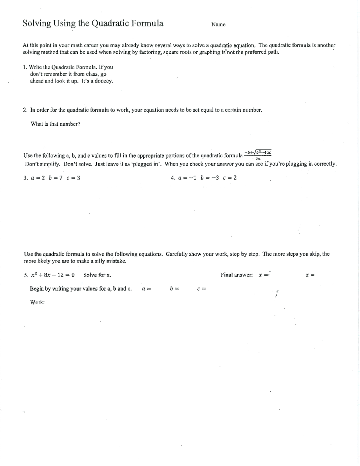 Wksht: Quadratic Formula Solving - Solving Using the Quadratic Formula ...