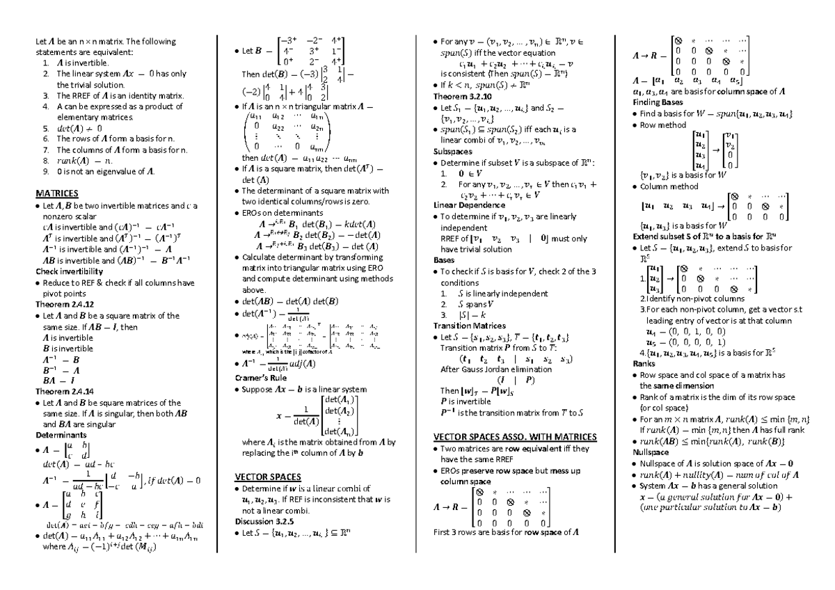 MA2001 finals cheatsheet - Let 𝑨 be an n × n matrix. The following statements are equivalent: 1 ...