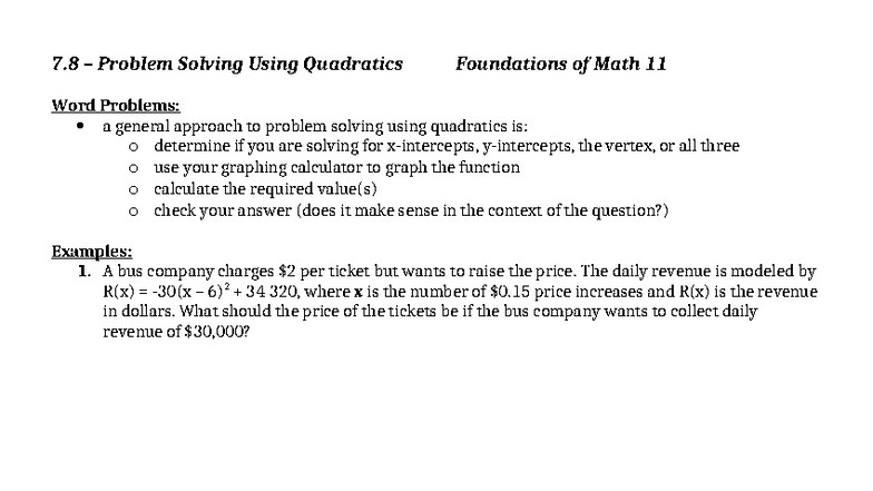 7.8 Problem Solving Using Quadratics - Foundations of Math 11 - Studocu