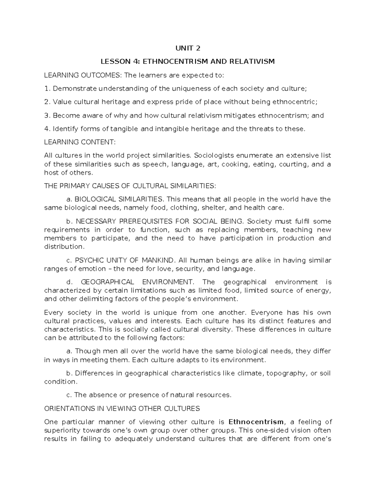 H. UCSP UNIT 2: Lesson 4 on Ethnocentrism vs. Relativism Concepts - Studocu