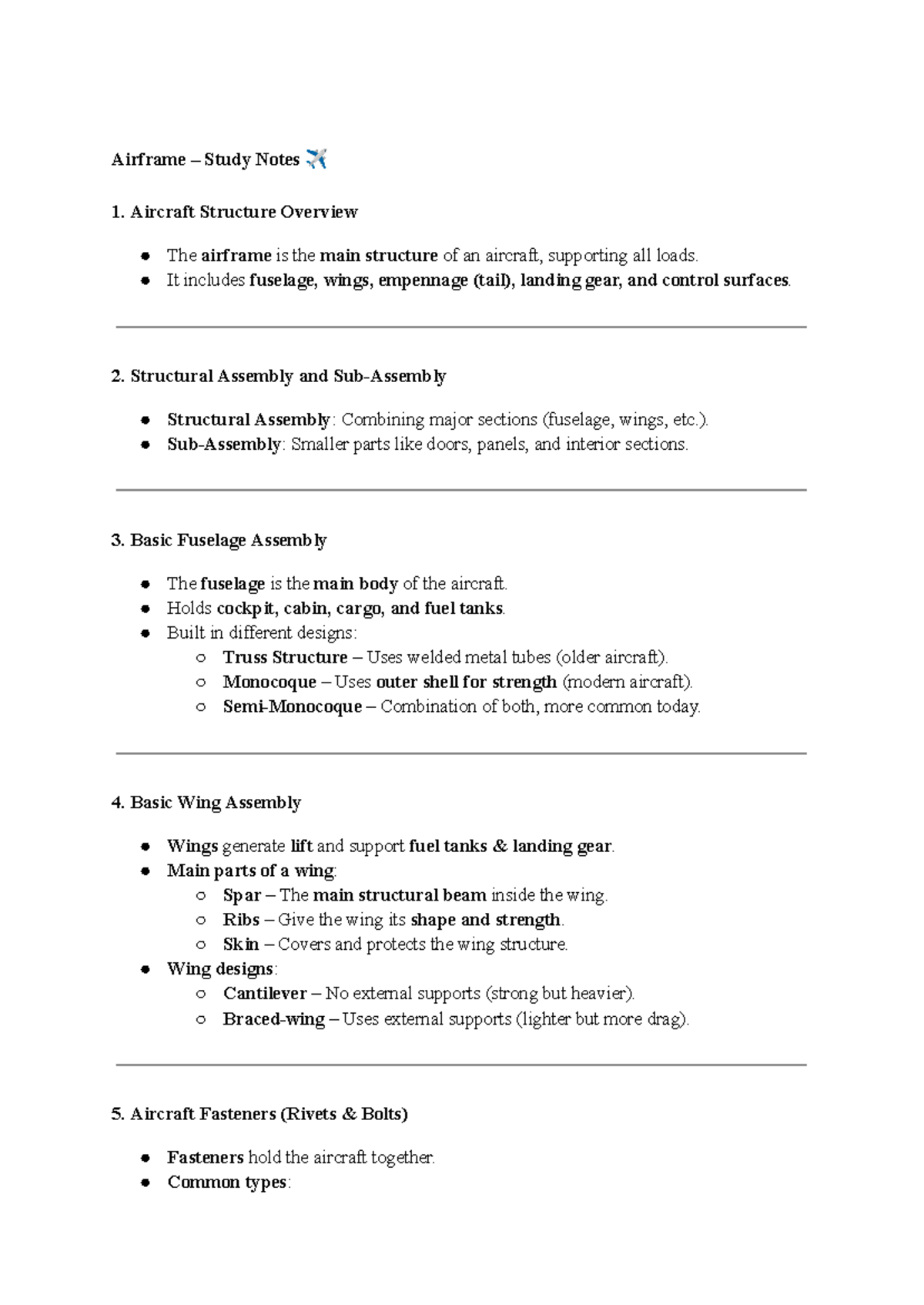 Fixed Wing Lecture 2 - Airframe – Study Notes Aircraft Structure ...