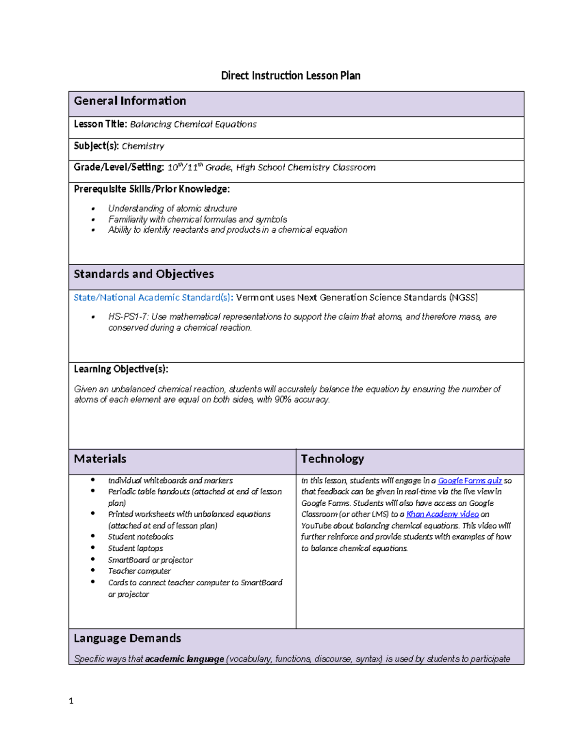 Balancing Chemical Equations Lesson Plan (Chemistry 10/11) - Studocu