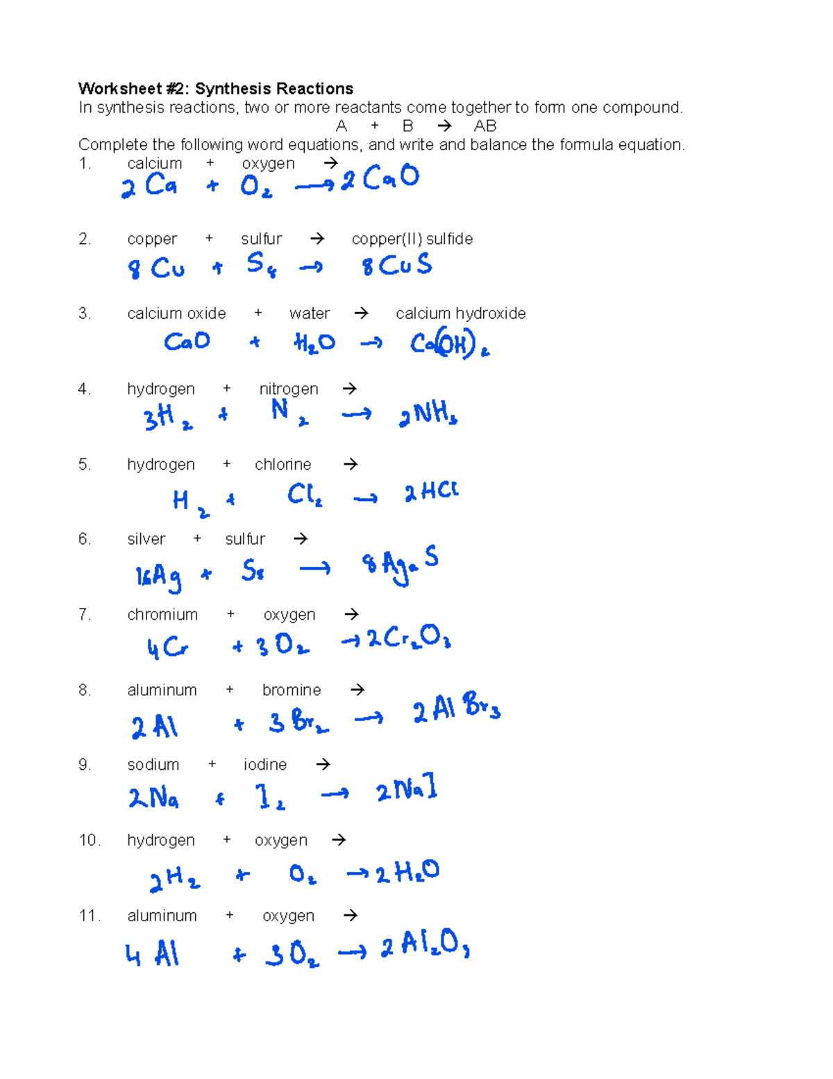 CHEM101: Worksheet #2 on Synthesis Reactions and Balancing Equations ...
