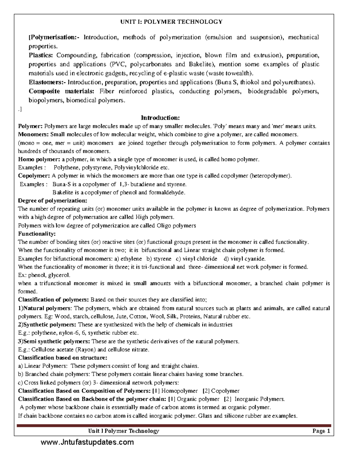 R20 Applied Chemistry - UNIT I: Polymer Technology Overview and ...