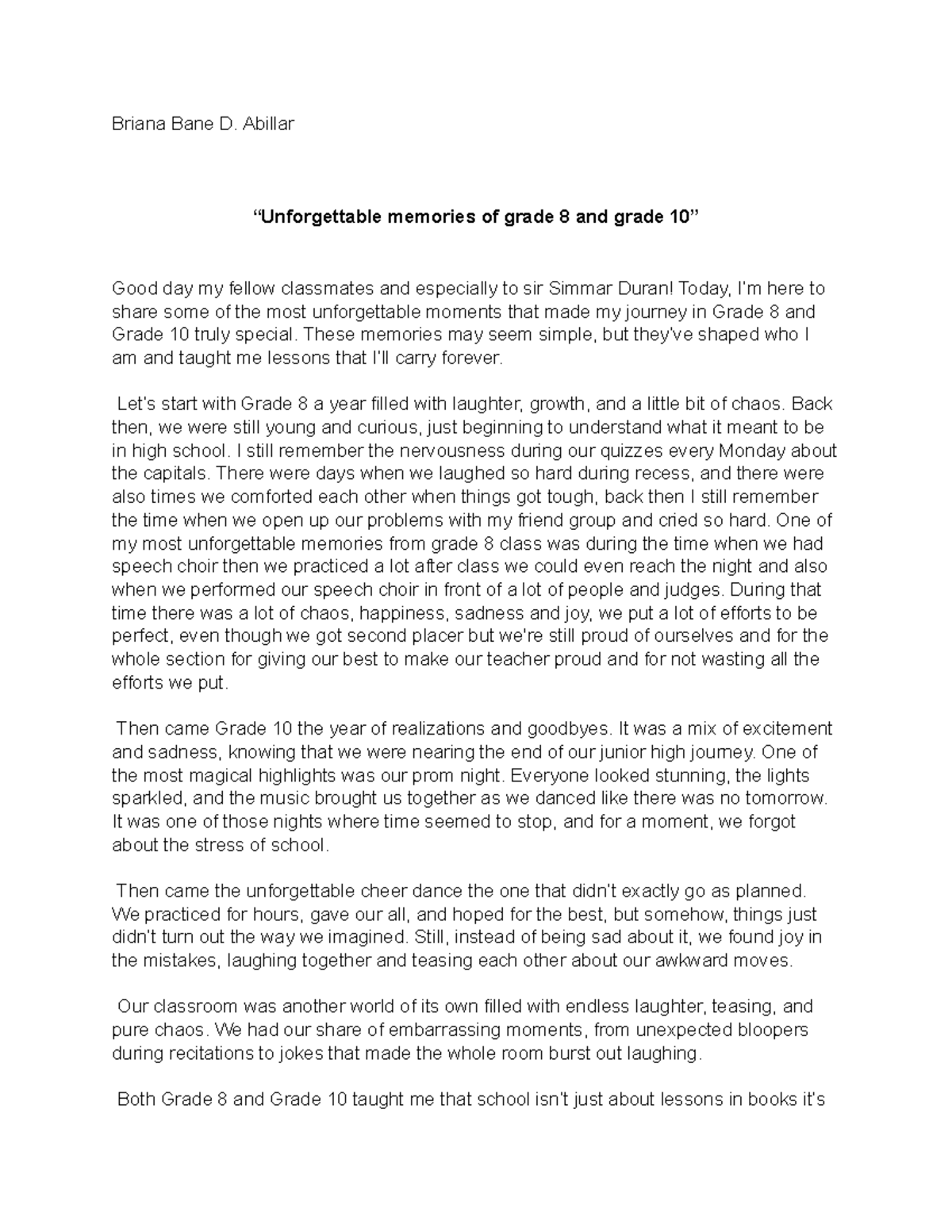 Memories of Grade 8 & 10: A Journey of Growth and Laughter - Studocu