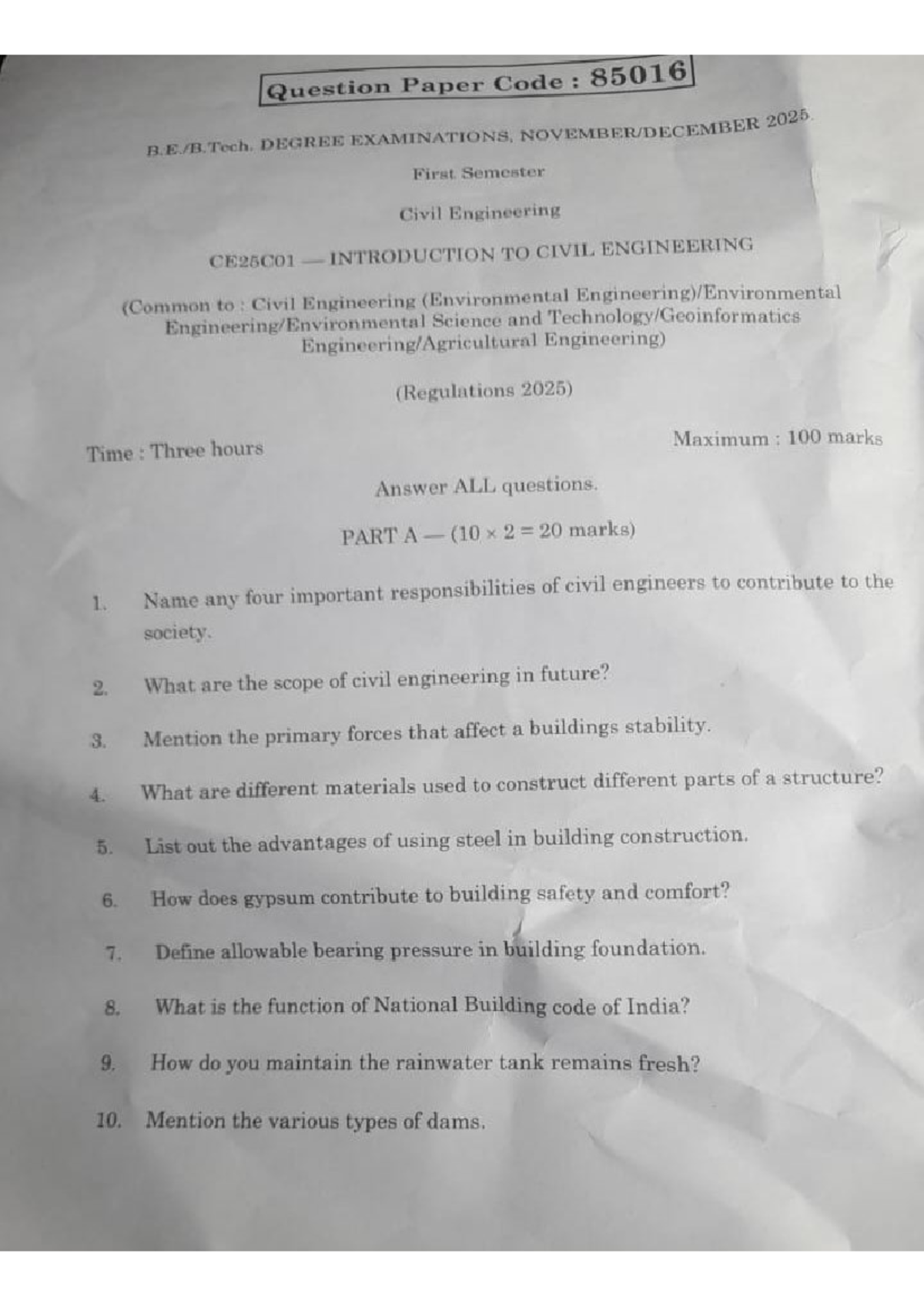 CE25C01 Introduction to Civil Engineering Nov-Dec 2025 Question Paper ...