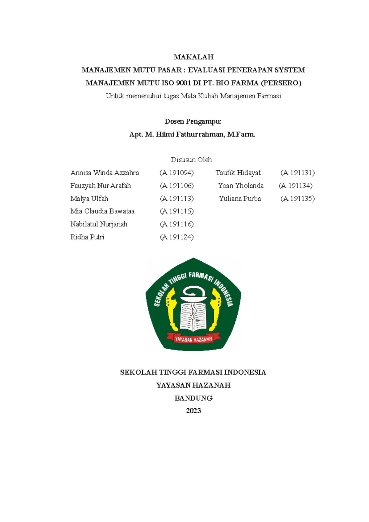 Evaluasi Penerapan Manajemen Mutu ISO 9001 di PT. Bio Farma - Studocu