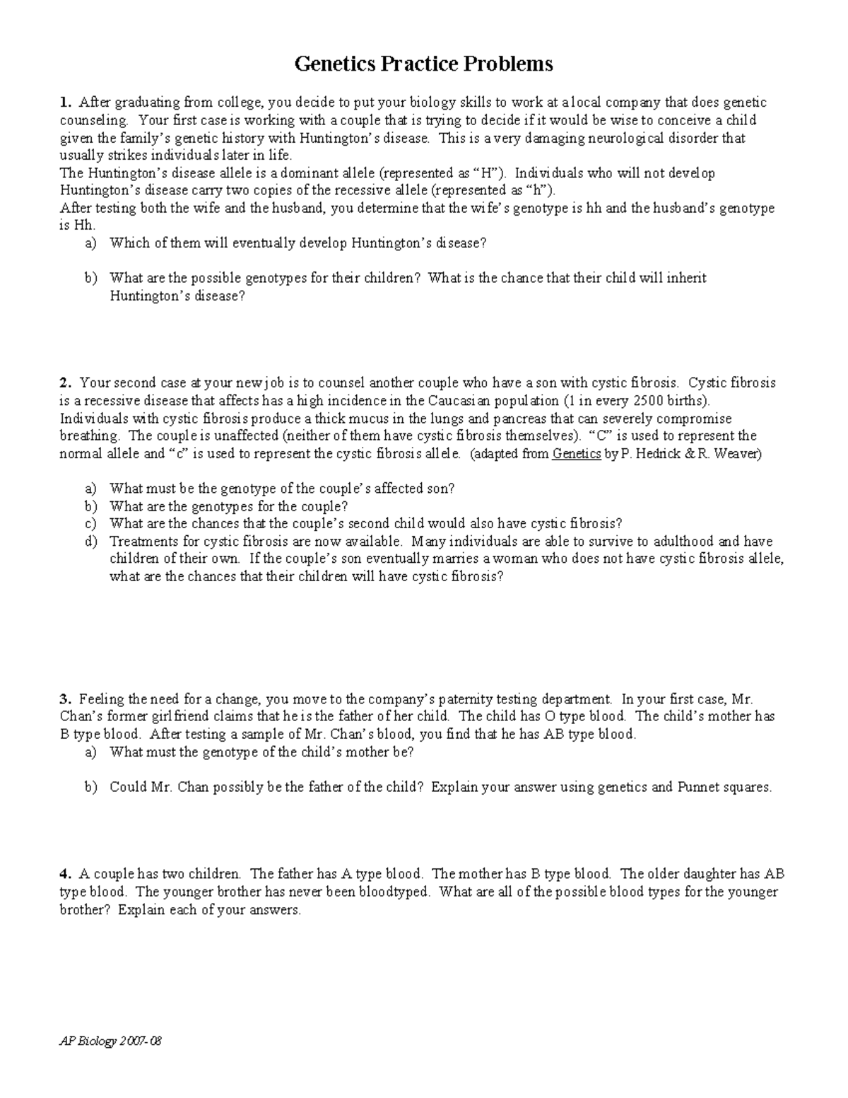 AP Biology Genetics Practice Problems and Case Studies - Studocu