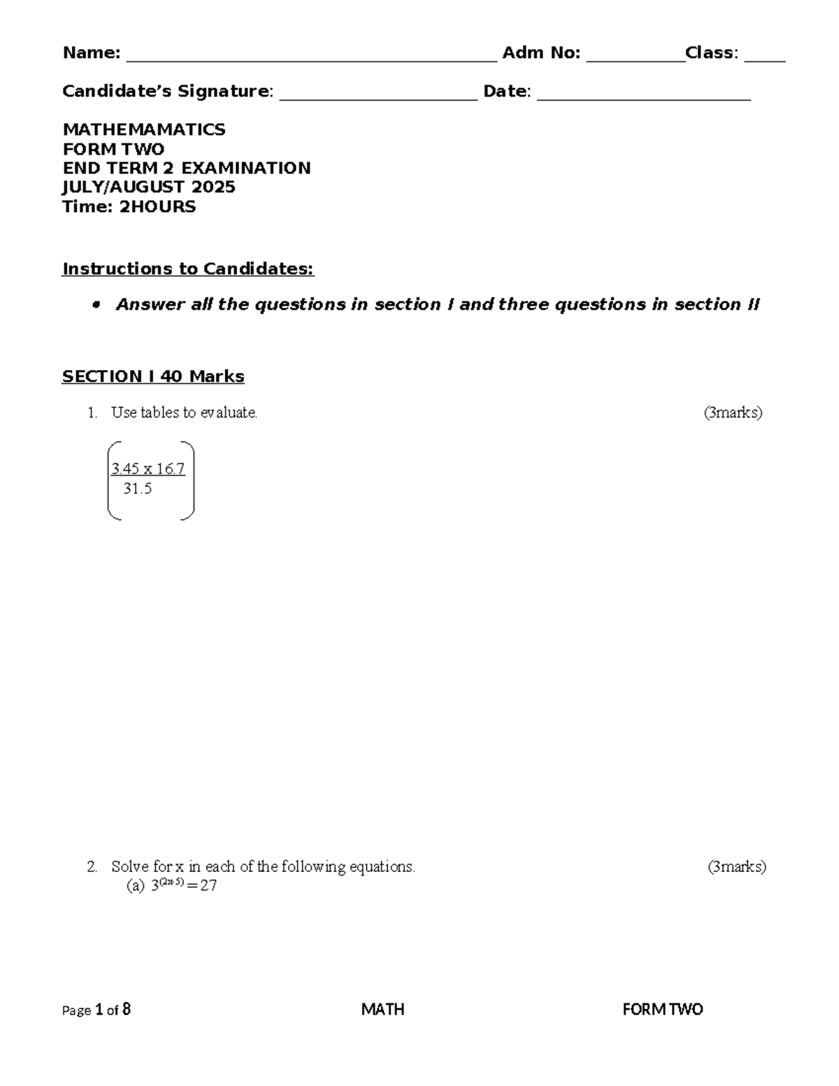 Mathematics Form Two End Term 2 Exam 2025 - Questions and Solutions ...