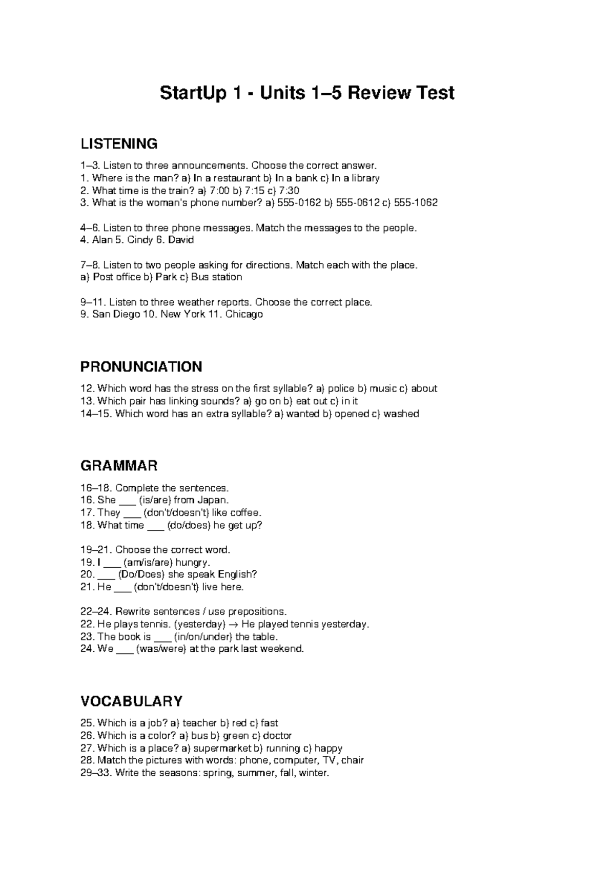 Start Up 1 Units 1-5 Review Test: Listening, Pronunciation, Grammar ...