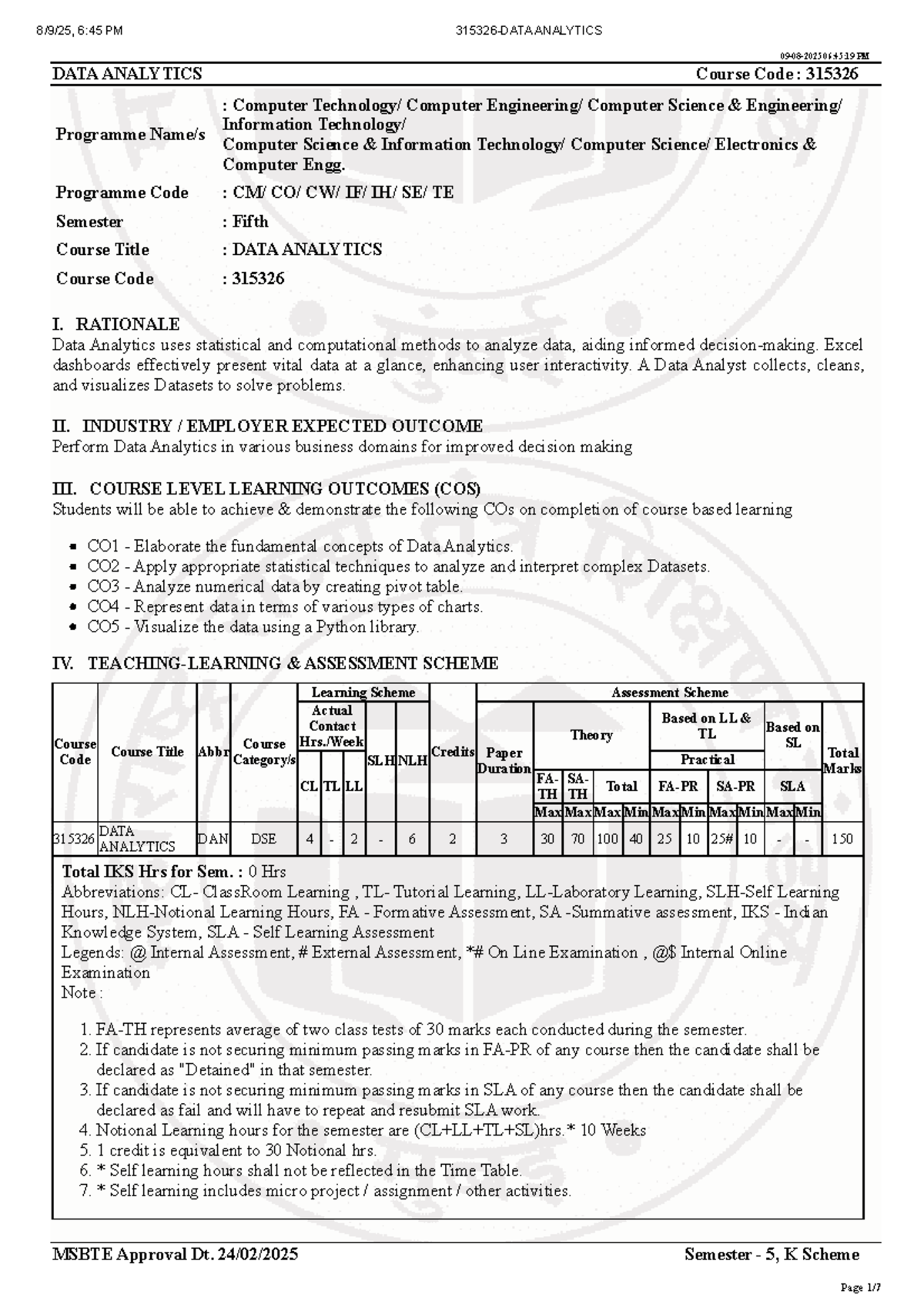 DATA ANALYTICS Course Code: 315326 - Comprehensive Study Guide - Studocu