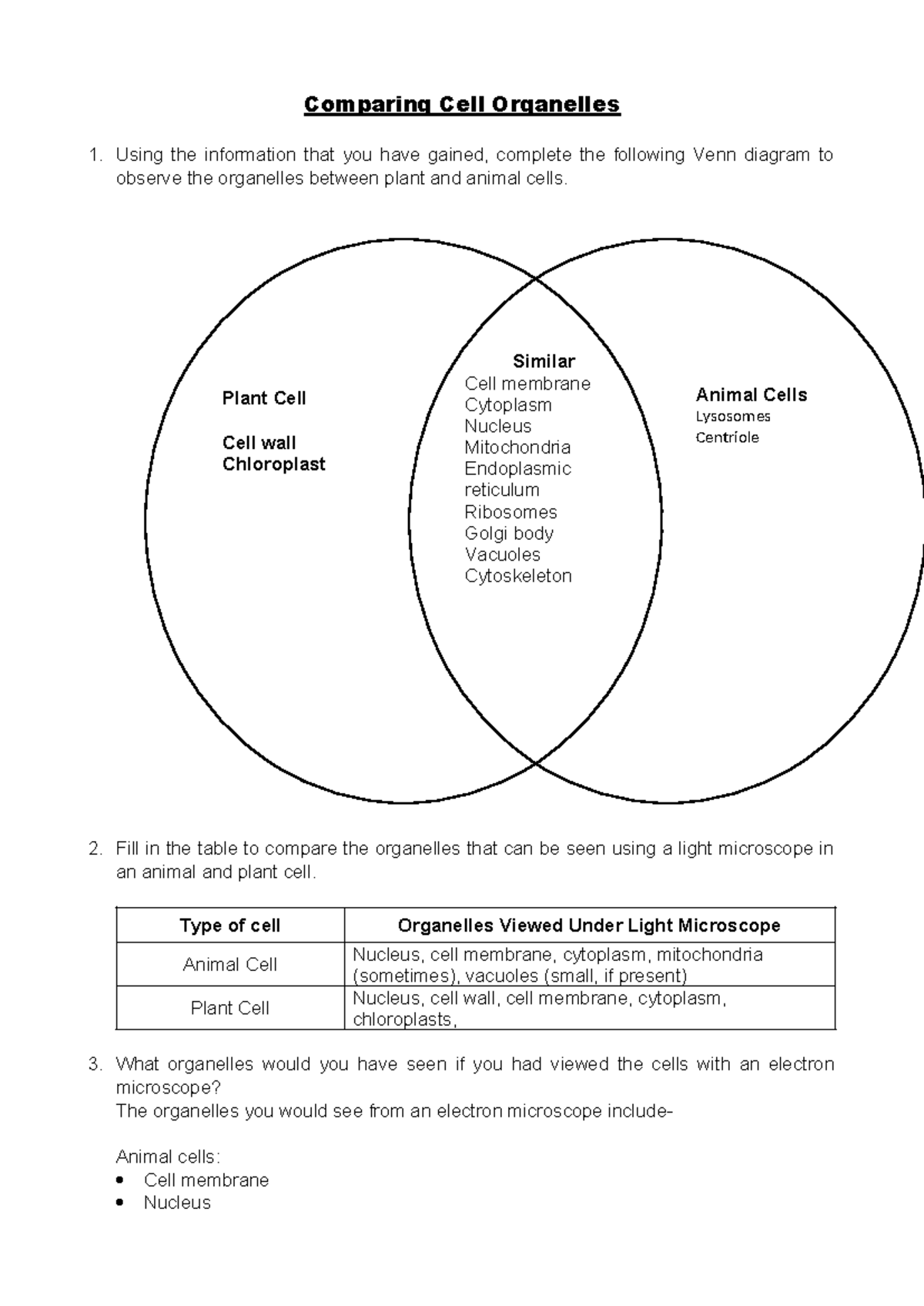 Comparing Cell Organelles - Using the information that you have gained ...
