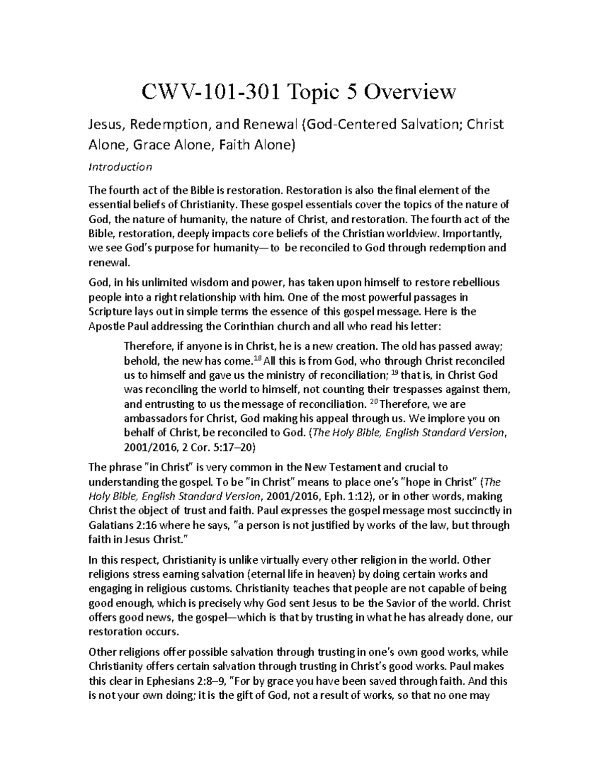 CWV-101-301 Topic 5: Jesus, Redemption, and Renewal Overview - Studocu