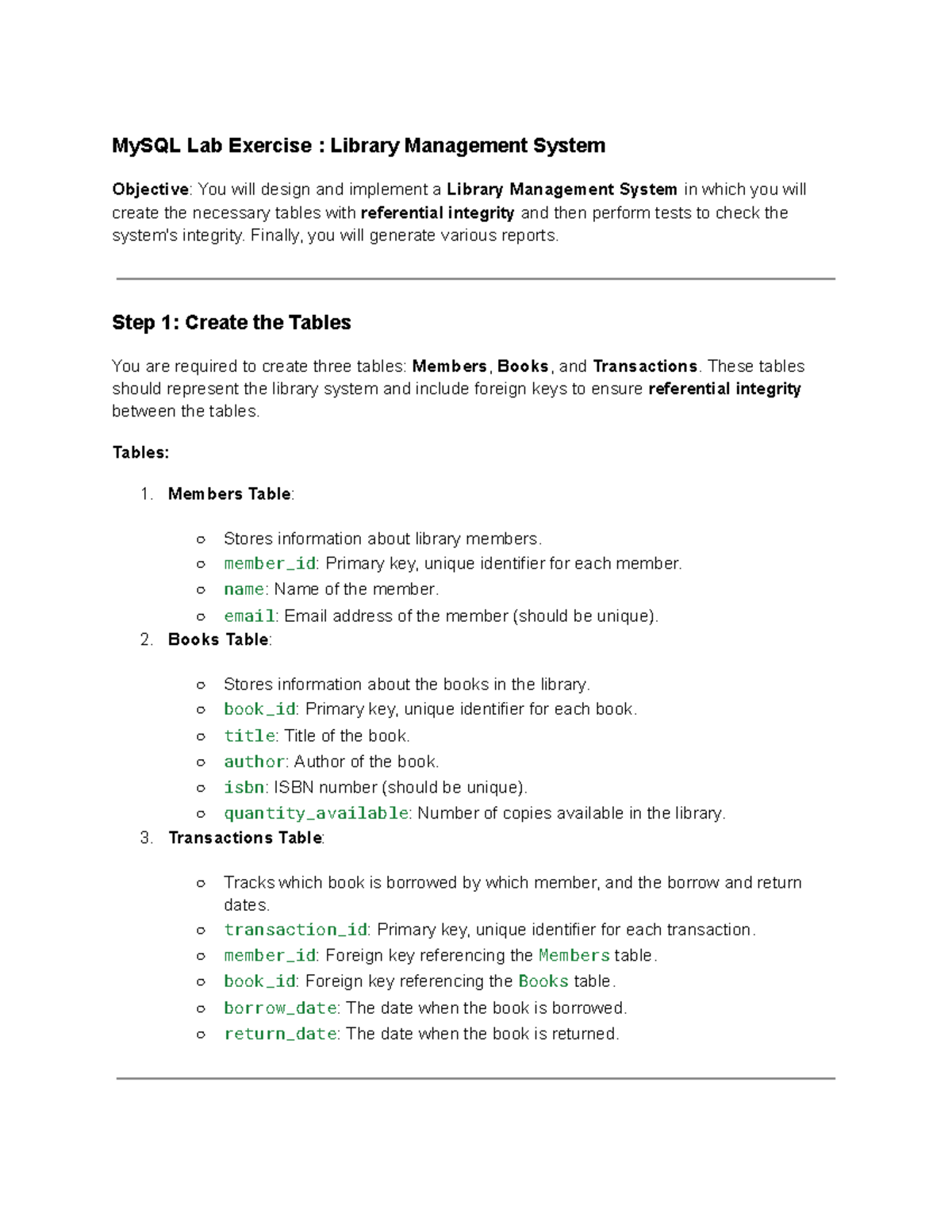 My SQL Lab Exercise Library Management System - MySQL Lab Exercise ...