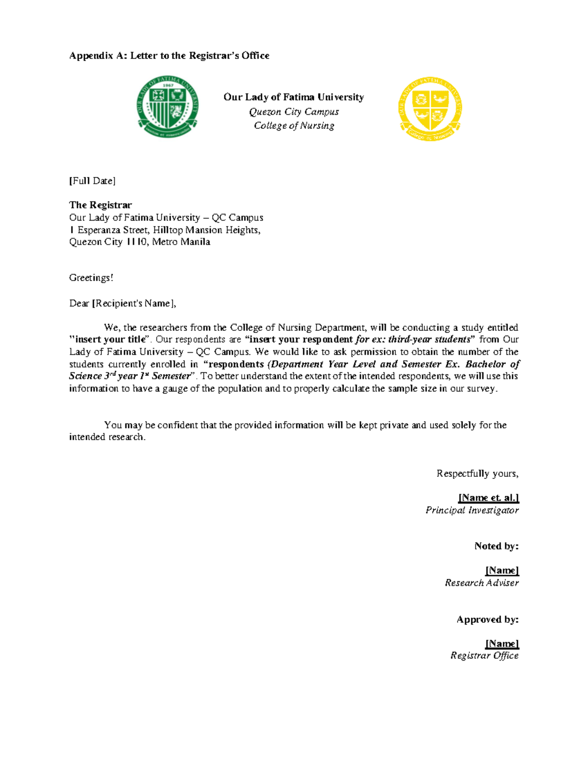 Appendix A Letter to the Registrar - Our respondents are “insert your ...