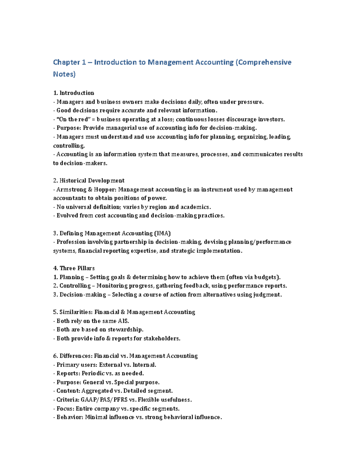 Chapter 1 Management Accounting: Comprehensive Study Notes - Studocu