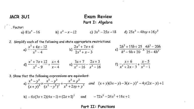 MCR 3U1 Exam Review: Algebra, Functions, Trigonometry & Exponential ...