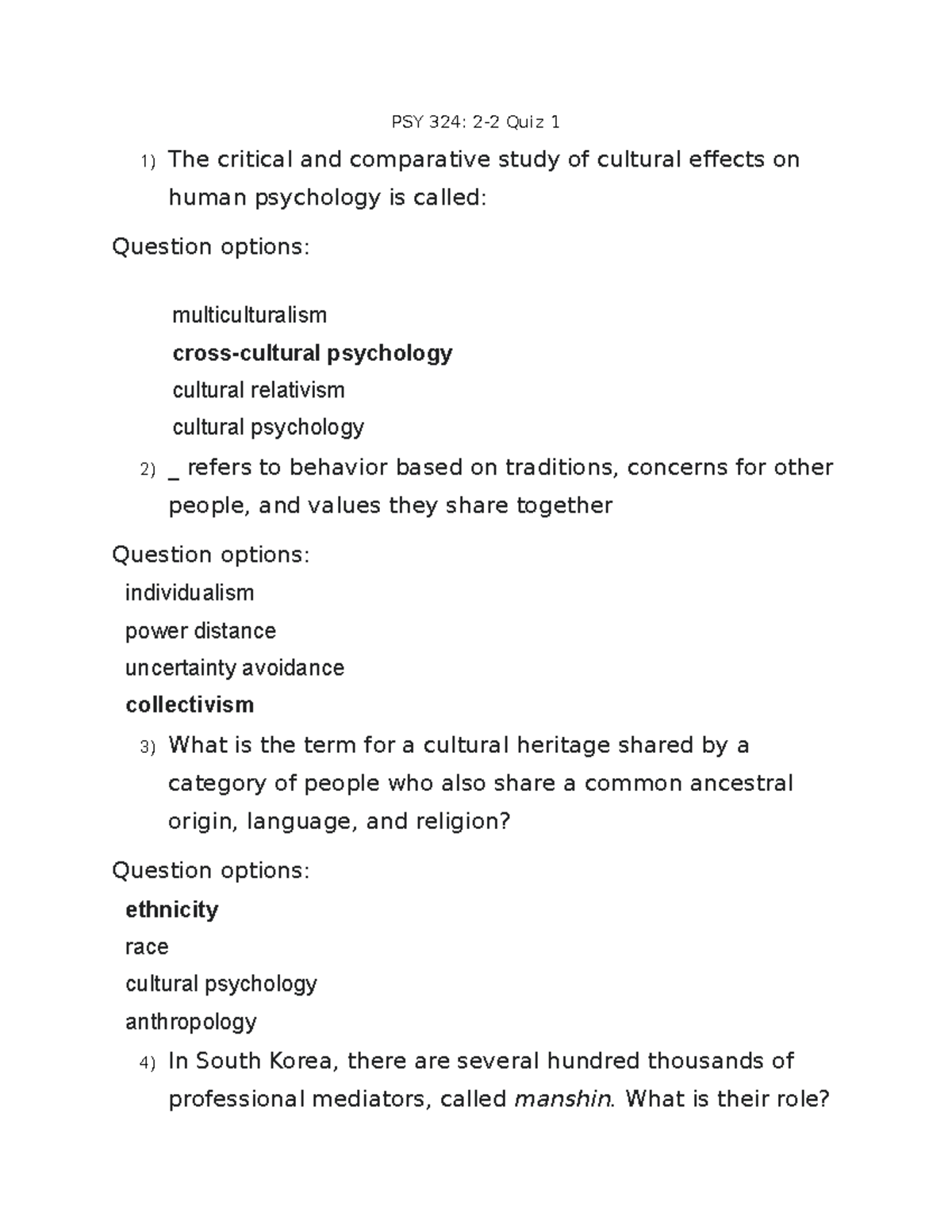 PSY 324: 2-2 Quiz 1 Answers - Achieve 100% Grade on Exam - Studocu