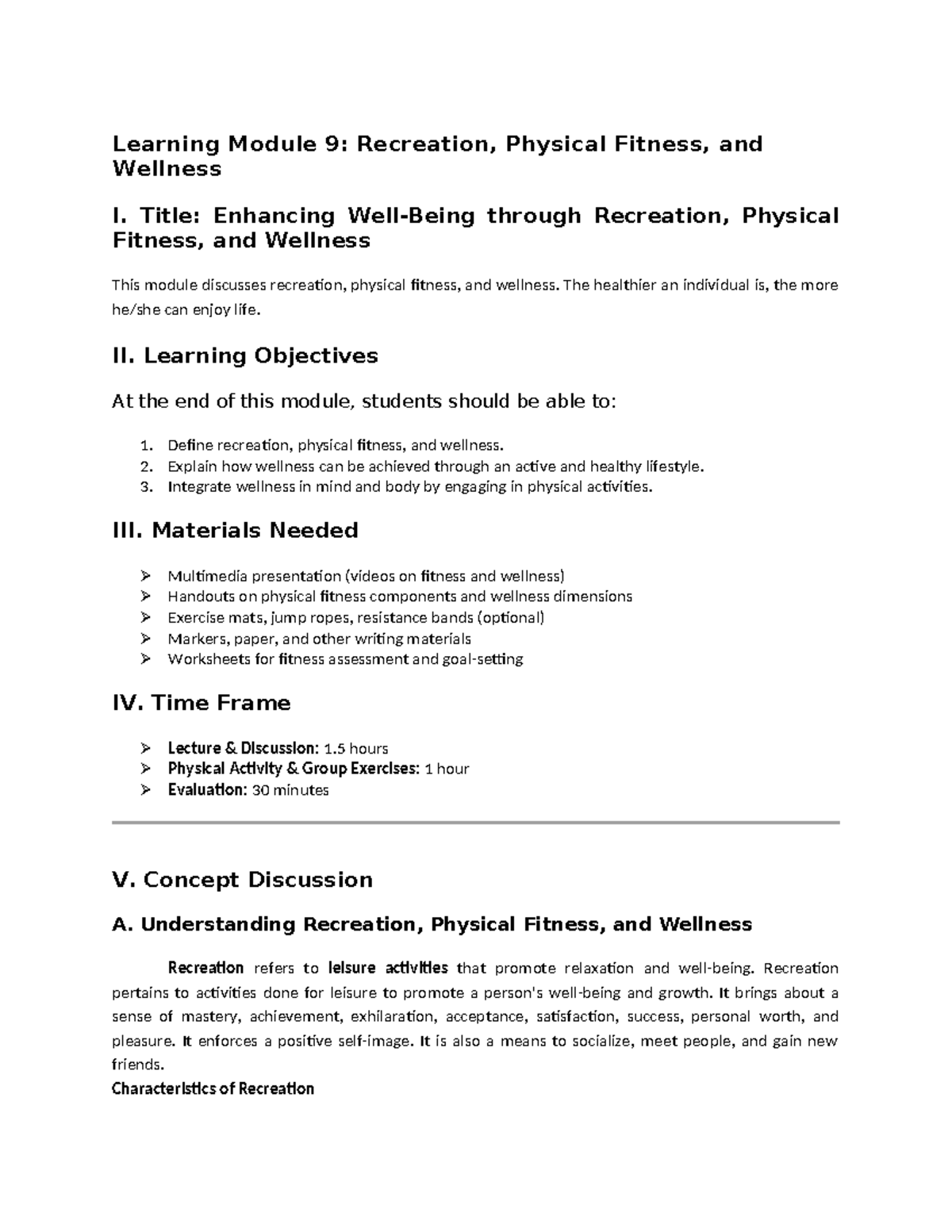 Chapter IX: Recreation, Physical Fitness, and Wellness I - Enhancing ...