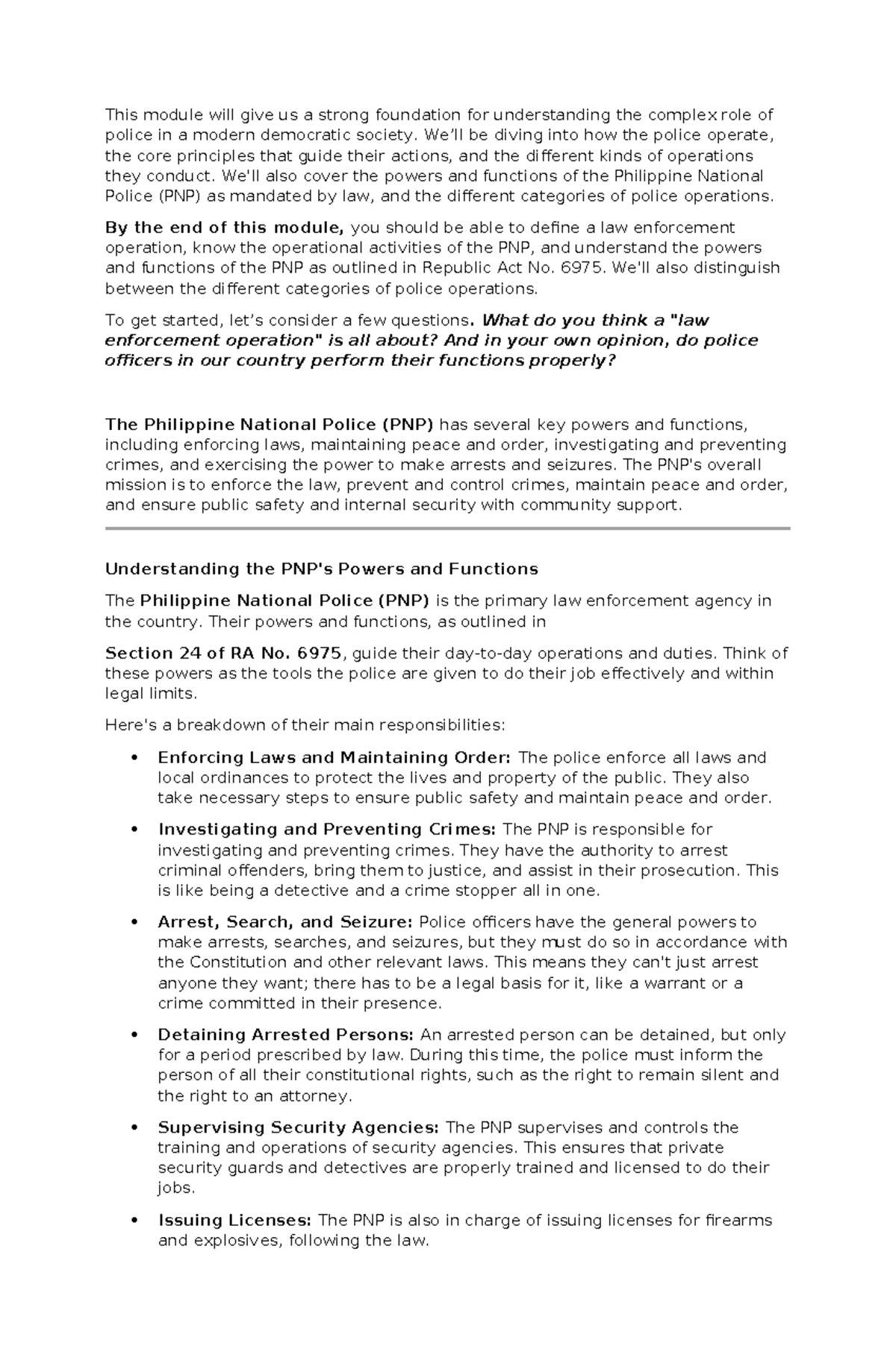 Understanding the Role of the Philippine National Police (PNP) in Modern Society - Studocu