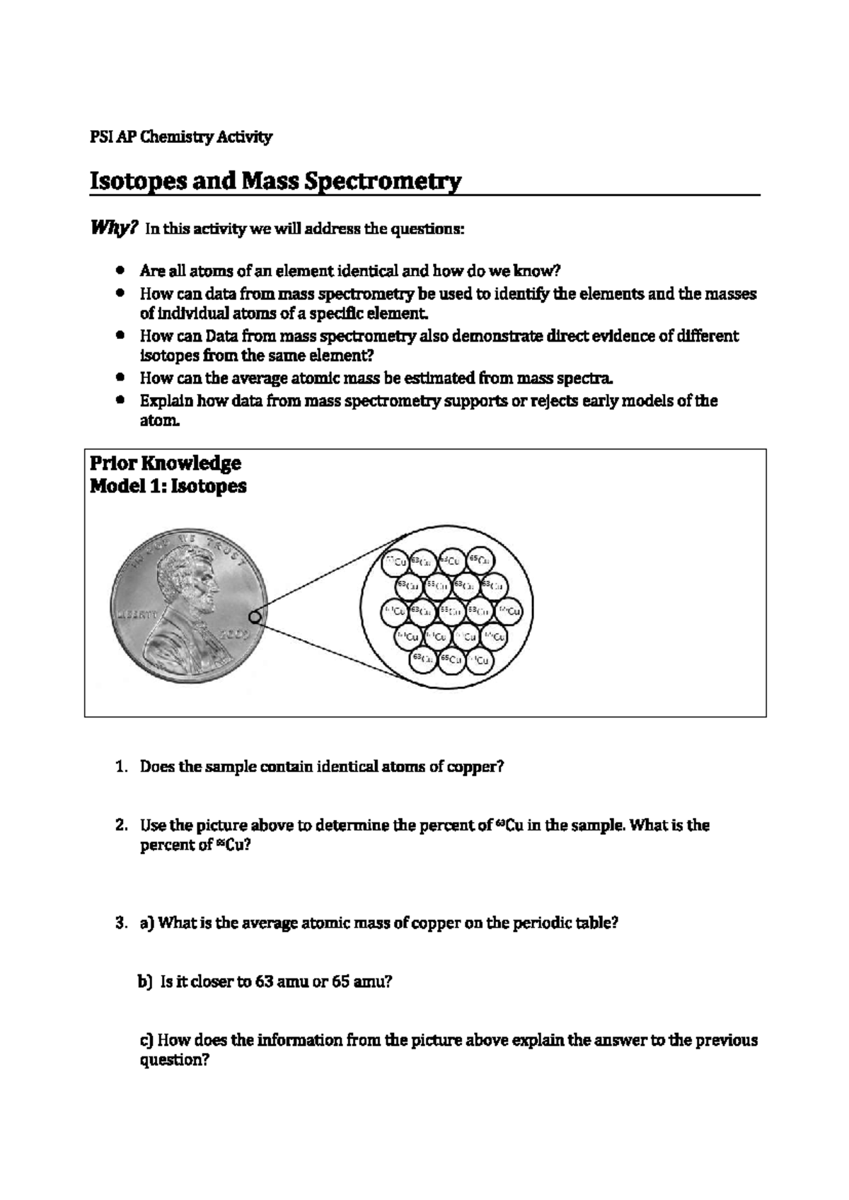 PSI AP Chemistry Activity: Isotopes and Mass Spectrometry - Studocu