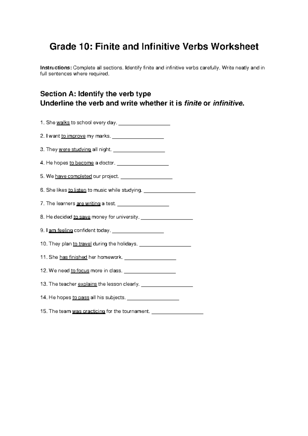 Grade 10: Finite and Infinitive Verbs Worksheet Instructions - Studocu