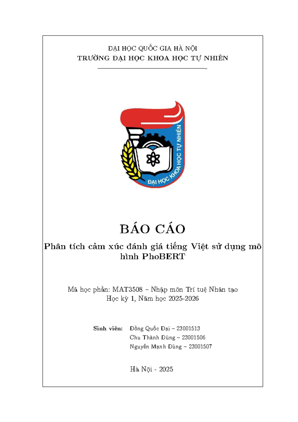 Báo cáo Dự án MAT3508: Phân tích Cảm xúc Tiếng Việt với PhoBERT - Studocu