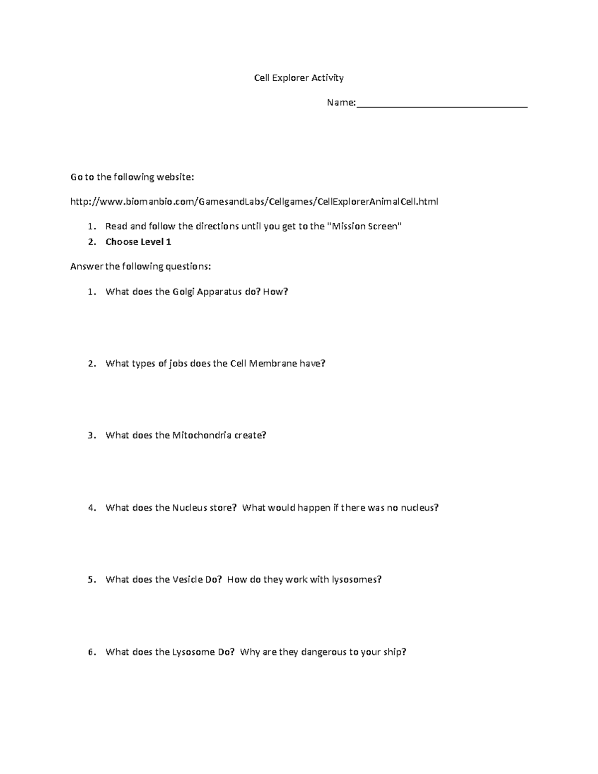 Cell explorer website questions - Cell Explorer Activity Name