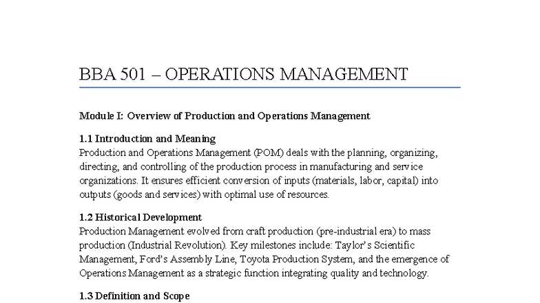 BBA 501 OPERATIONS MANAGEMENT: Comprehensive Module I Notes - Studocu