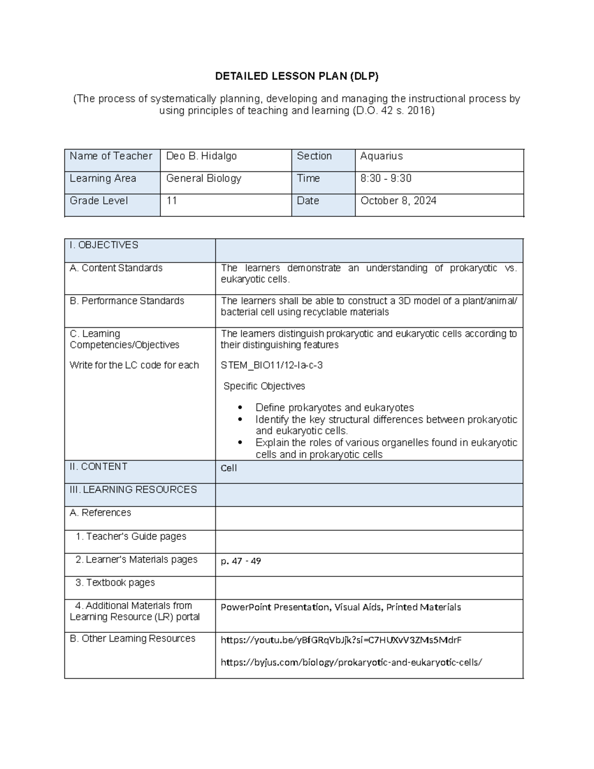 Lesson Plan for Comparing Prokaryotic and Eukaryotic Cells (STEM_BIO11 ...