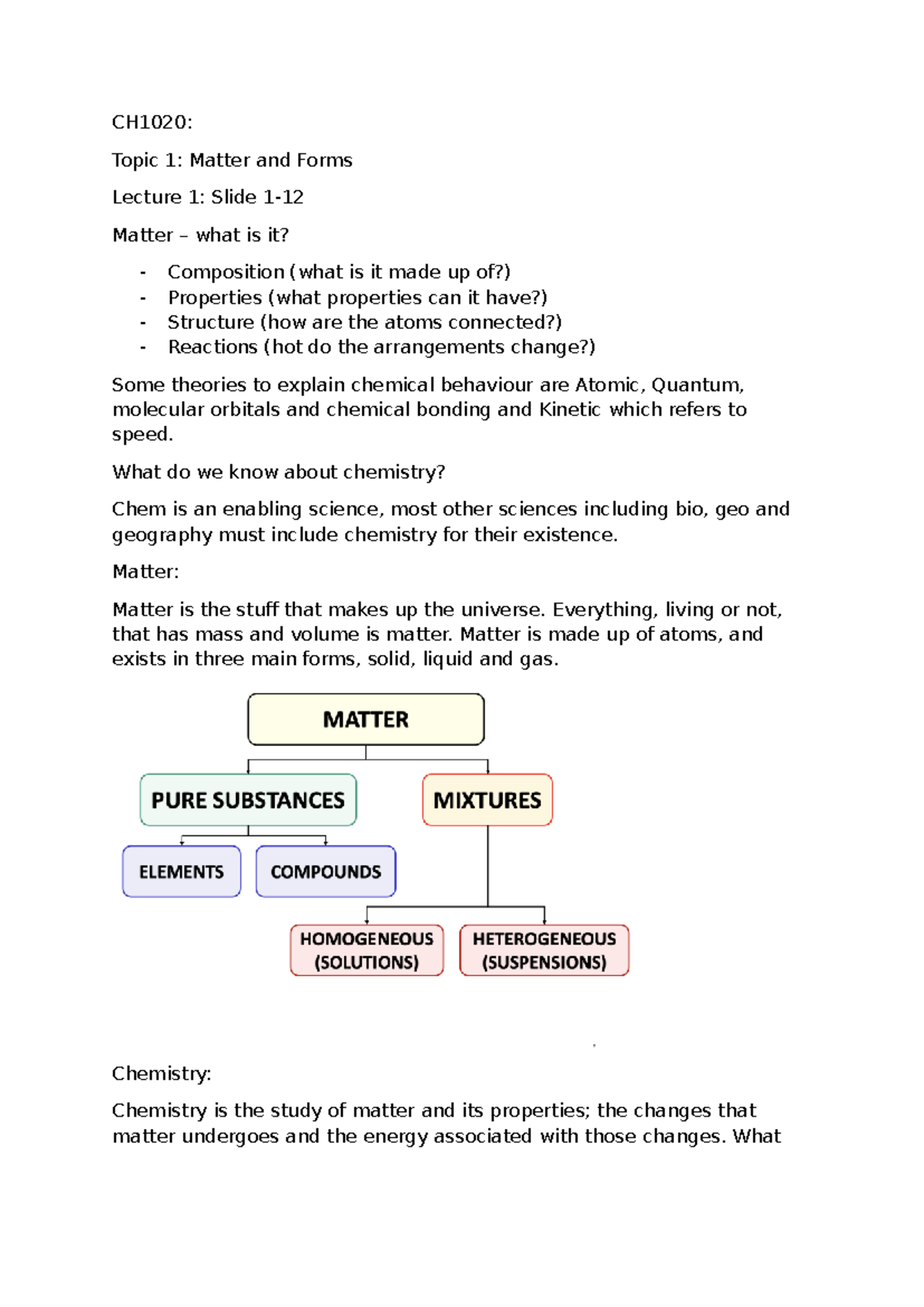 CH1020: Lecture 1 Notes on Matter, Composition, and Chemical Properties ...