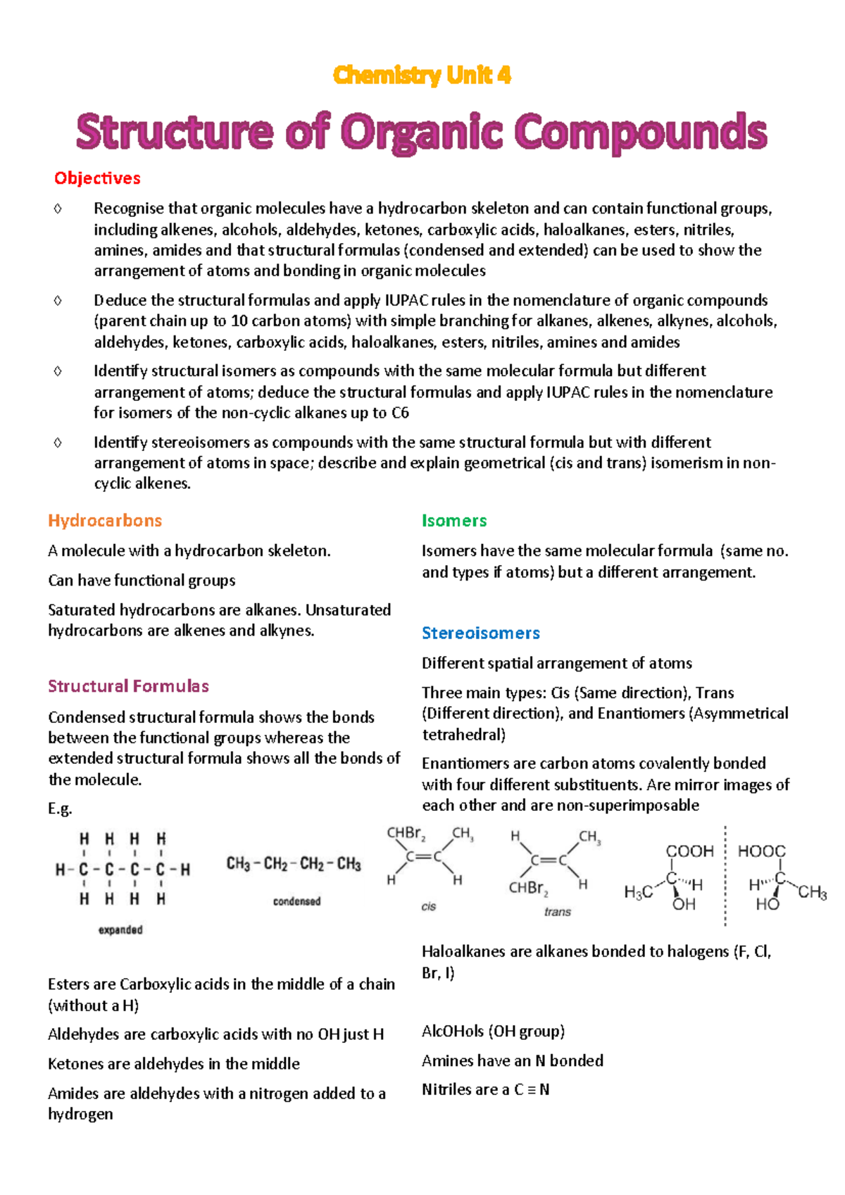Chemistry Unit 4 Summary: Organic Compounds & Reactions - Studocu