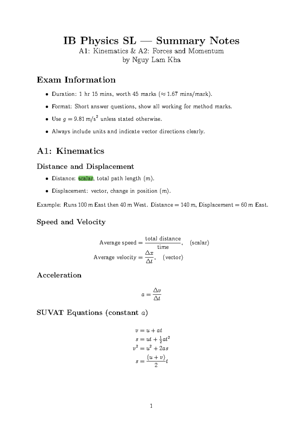 IB Physics SL A1 A2 Exam Revision Notes: Kinematics & Forces - Studocu