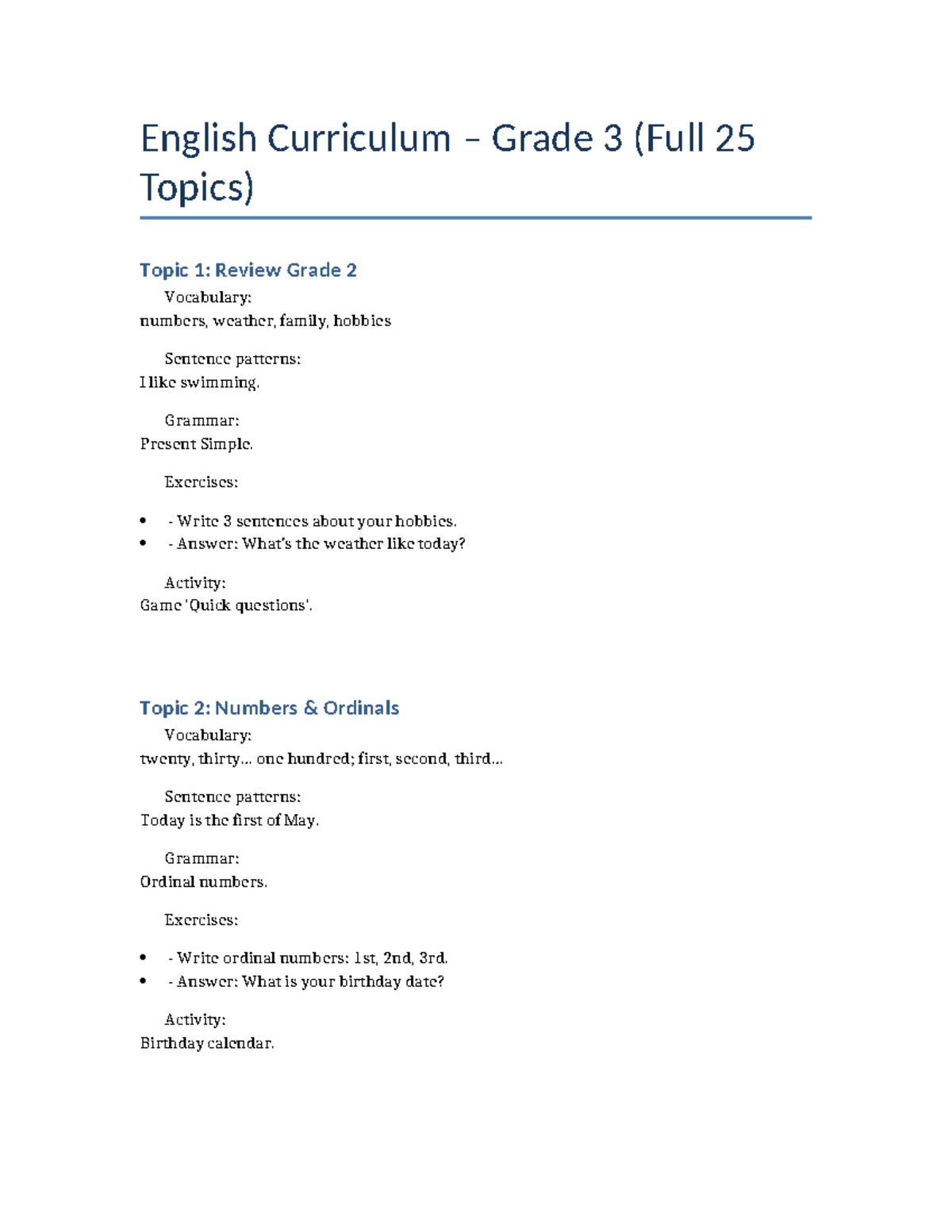 Grade 3 English Curriculum Overview: 25 Topics Explained - Studocu