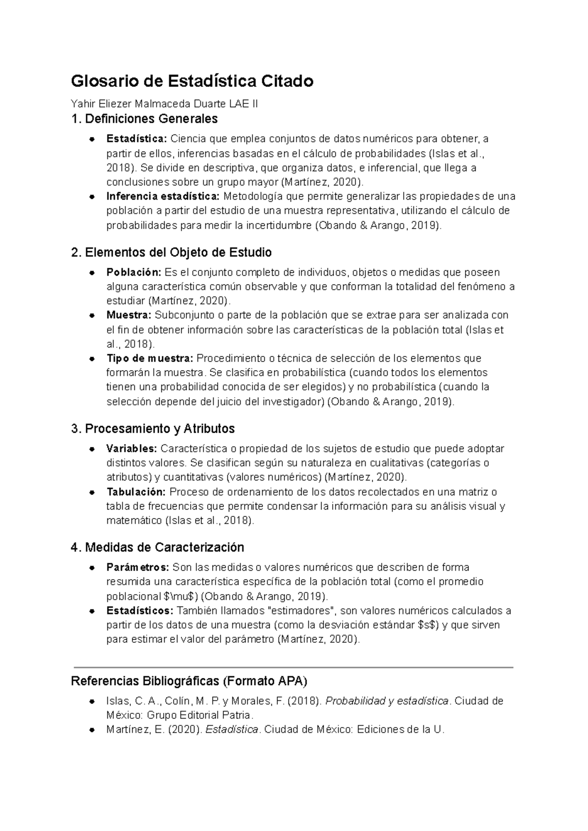 Glosario de Estadística LAE II: Definiciones y Conceptos Clave - Studocu
