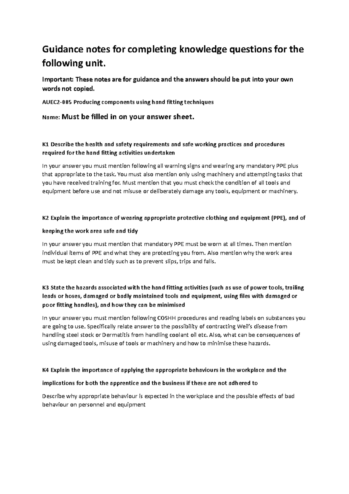 AUEC2-005 UPK Guidance: Health & Safety for Hand Fitting Techniques ...