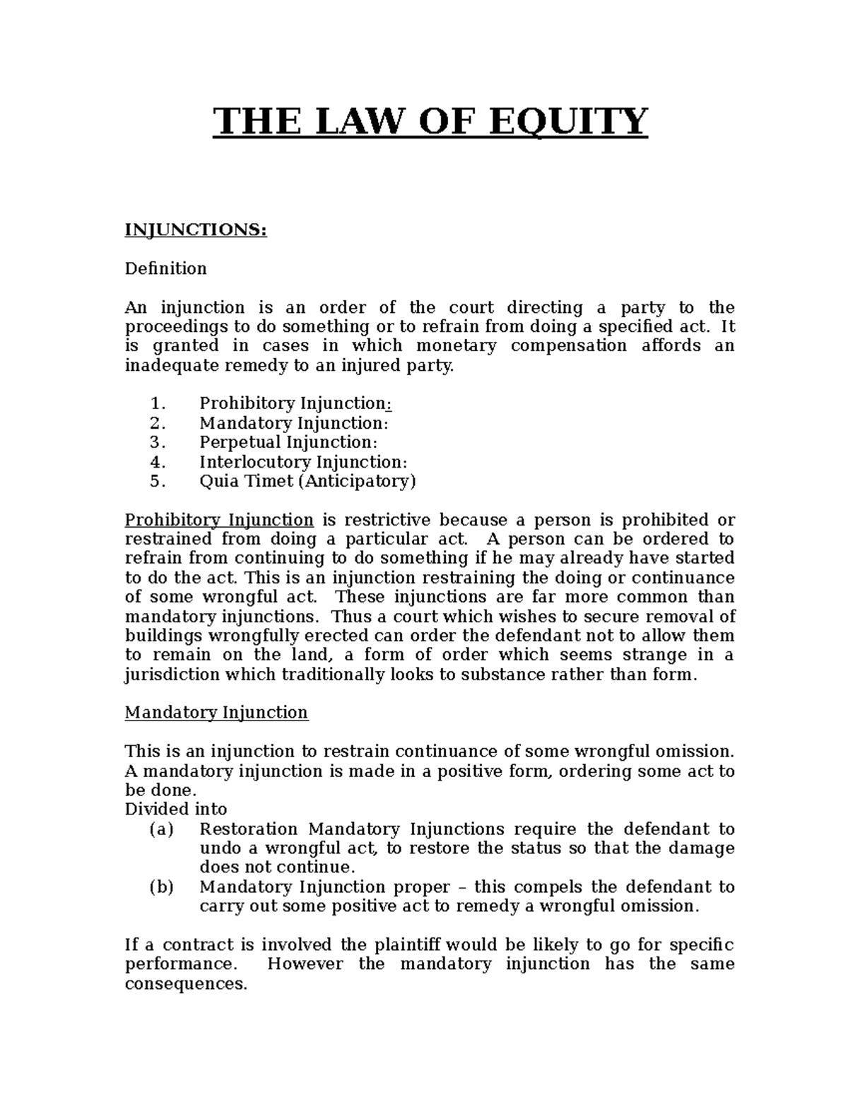 Types of Injunctions in Equity Law: A Comprehensive Overview - Studocu