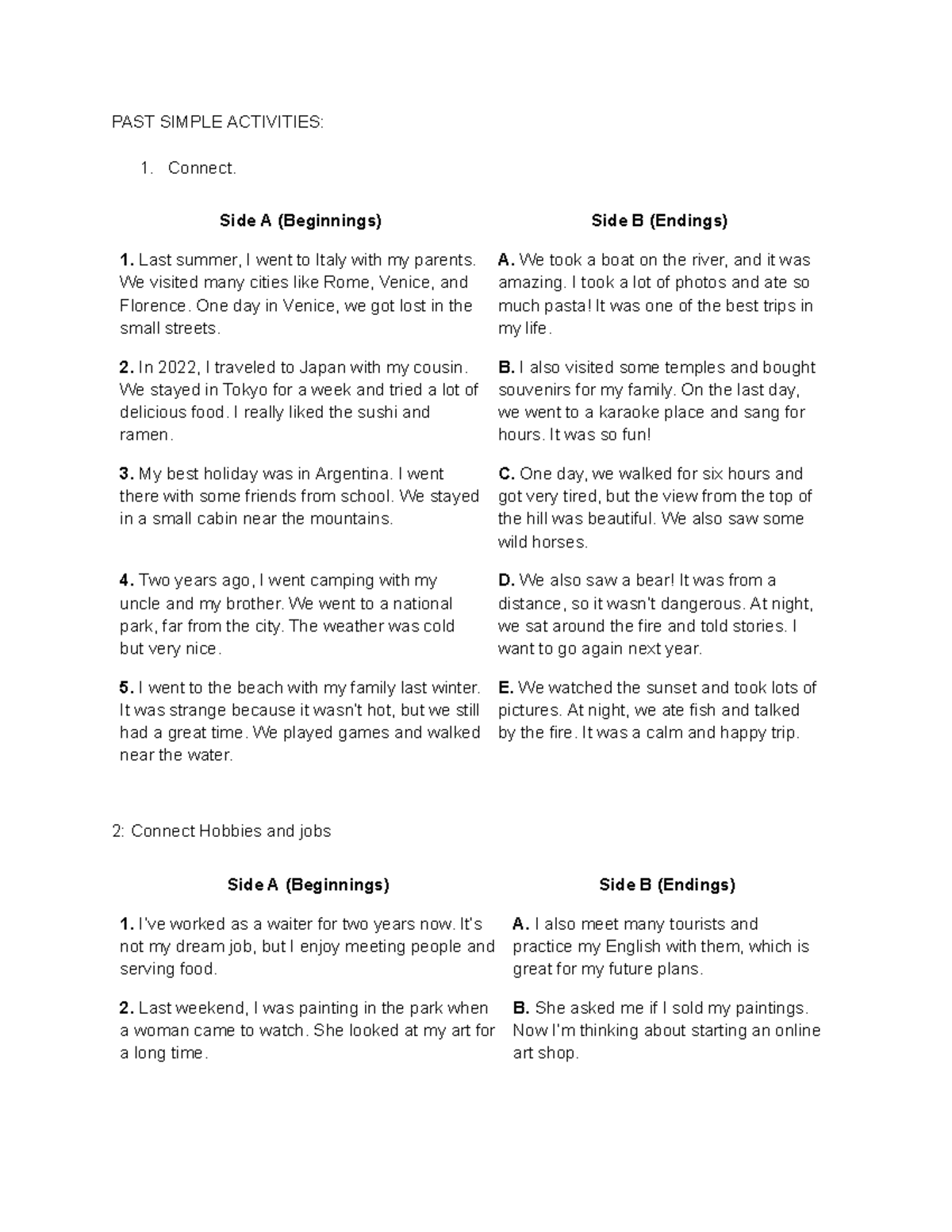 PAST Simple Activities: Connect - Beginnings & Endings Guide - Studocu