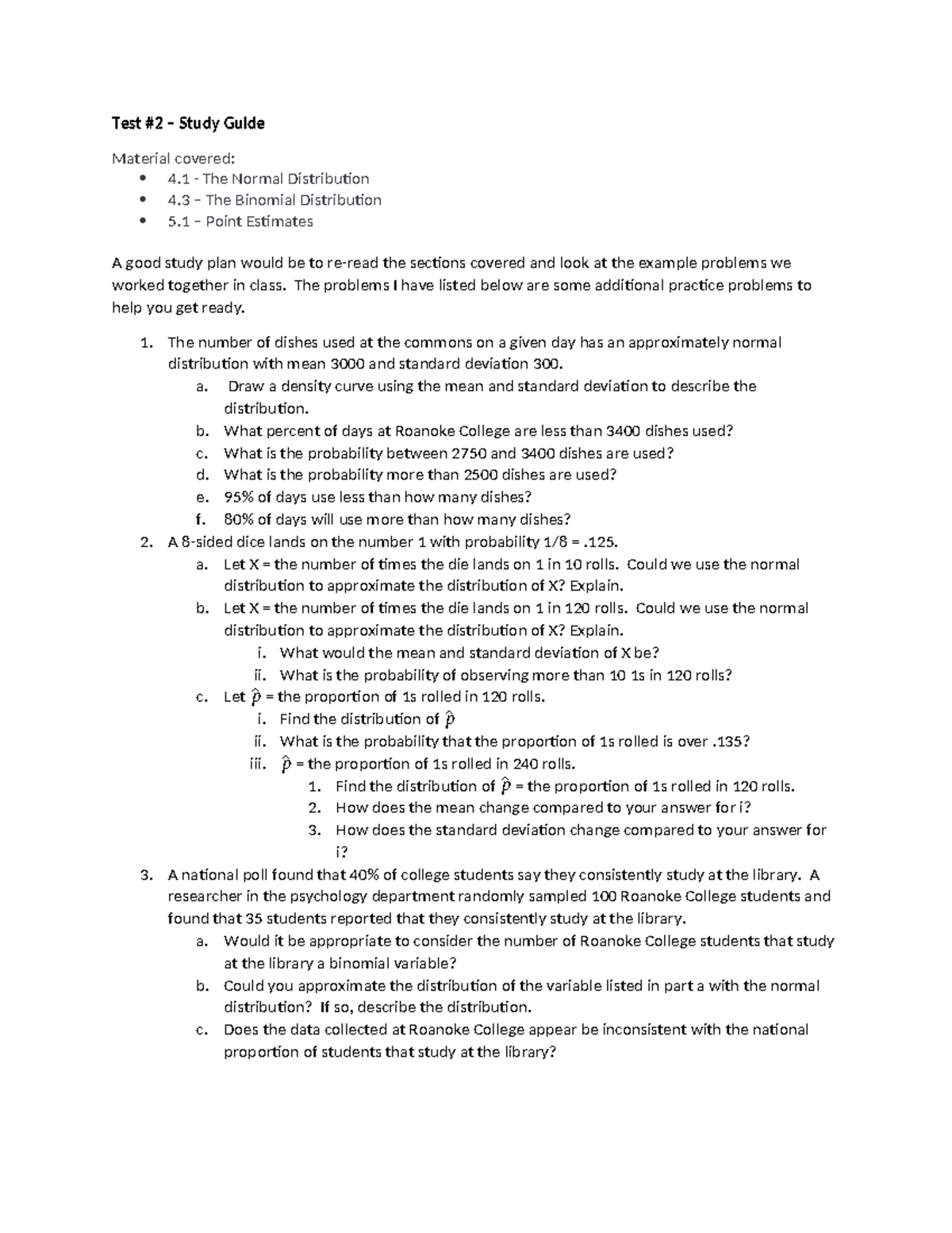 Test #2 Study Guide: Normal & Binomial Distributions in Stats - Studocu
