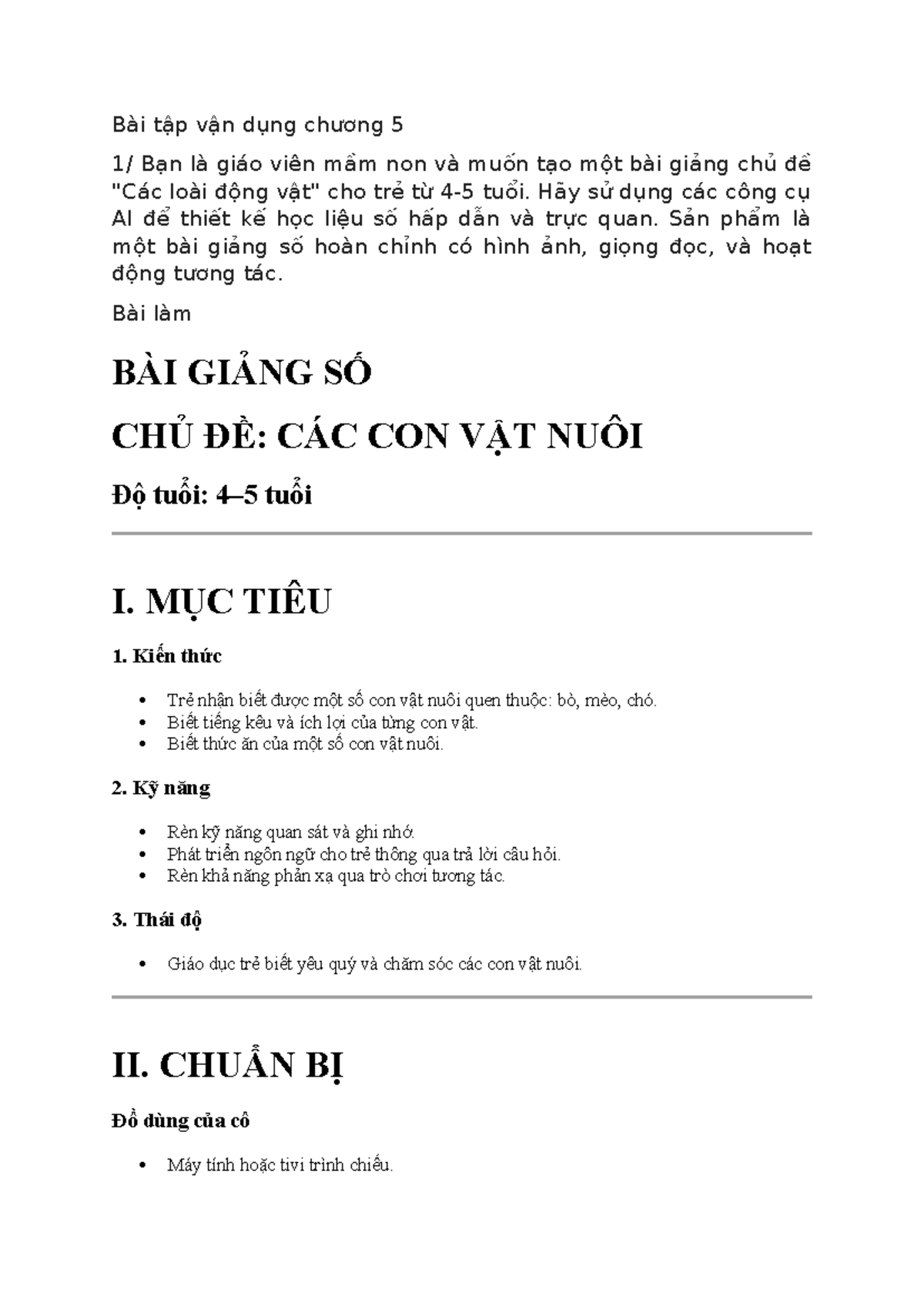 Bài Giảng Số Chủ Đề: Các Con Vật Nuôi - Độ Tuổi Mầm Non - Studocu