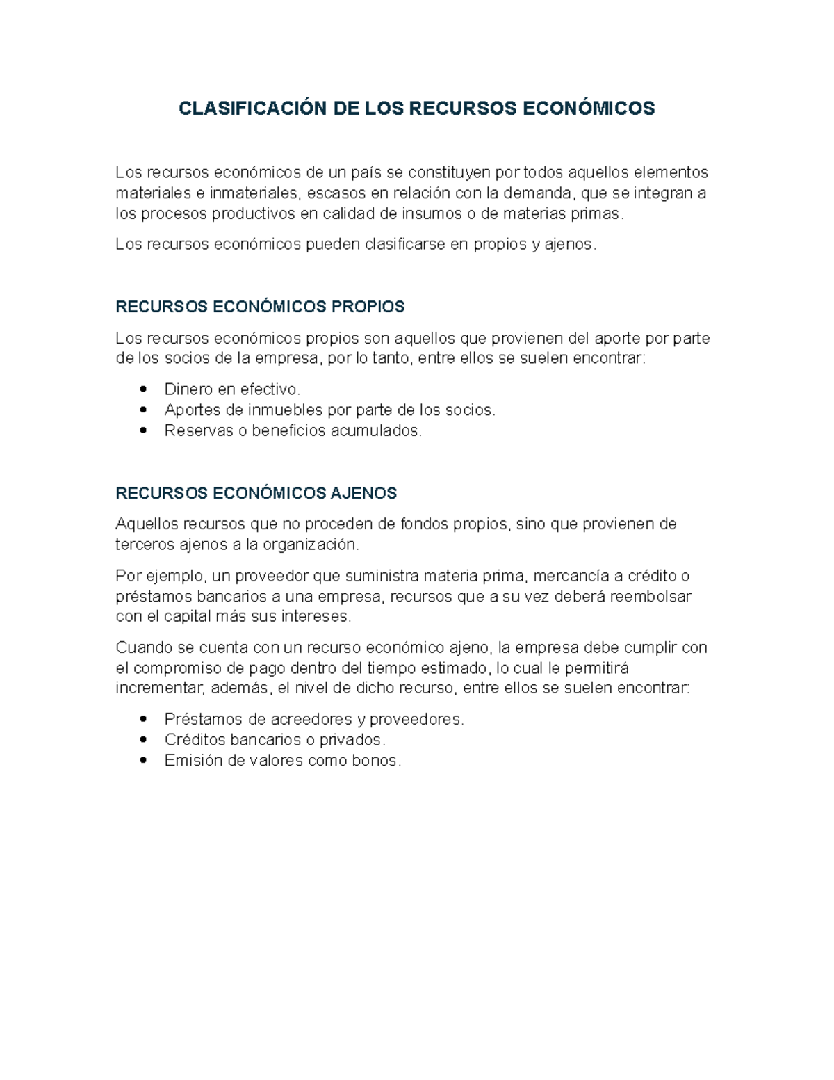 Clasificación de Recursos Económicos: Propios y Ajenos - Studocu