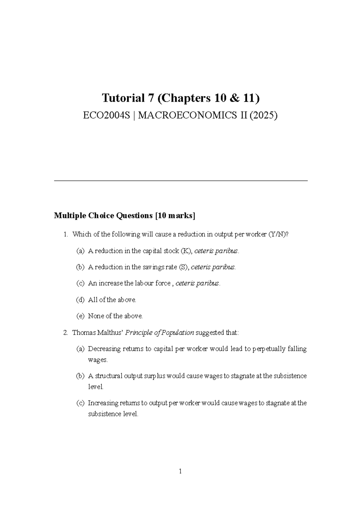 Tutorial 7: MCQs on Chapters 10 & 11 - ECO2004S Macroeconomics II - Studocu