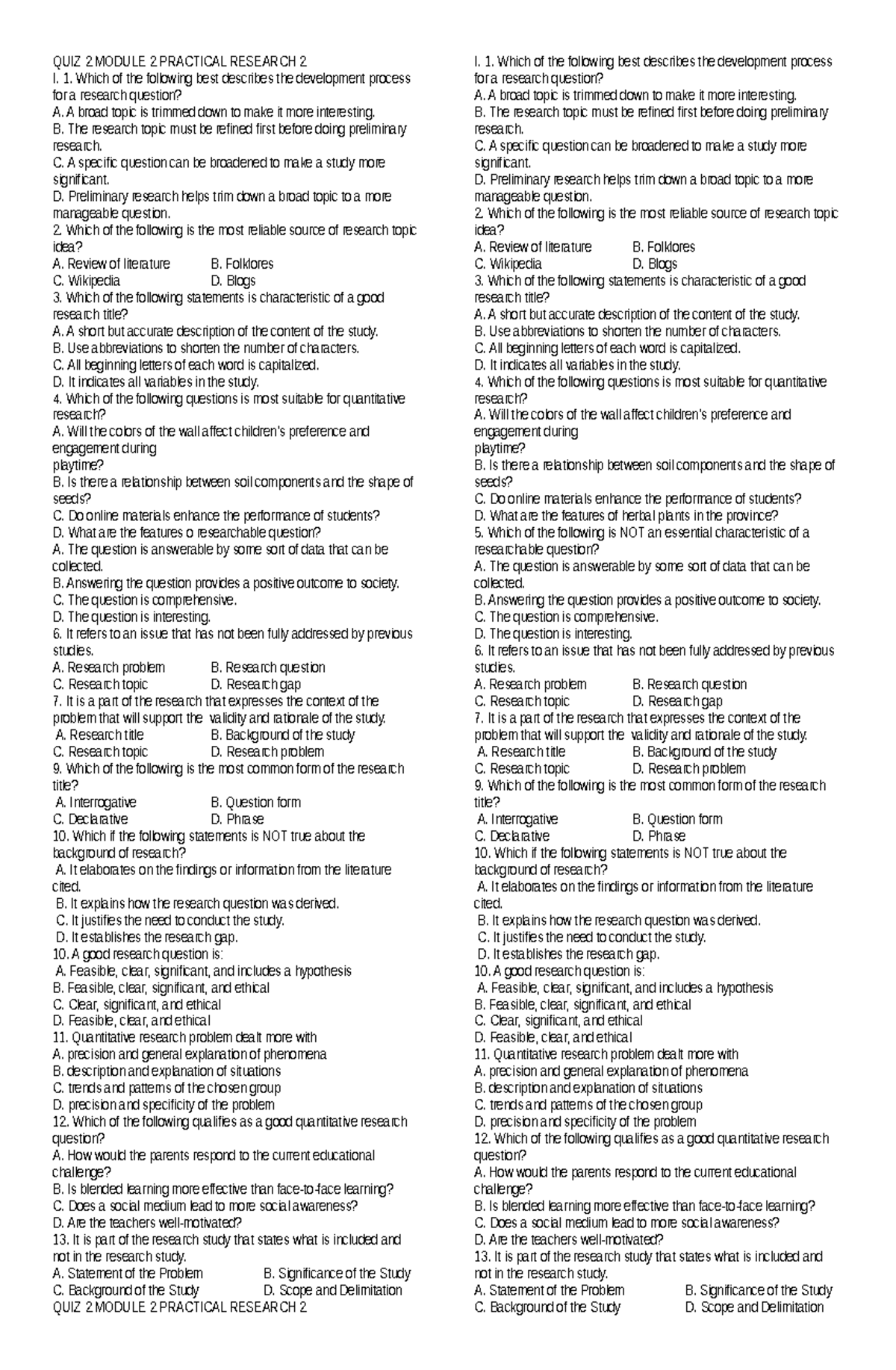 QUIZ 2: Key Concepts in Practical Research 2 - Studocu