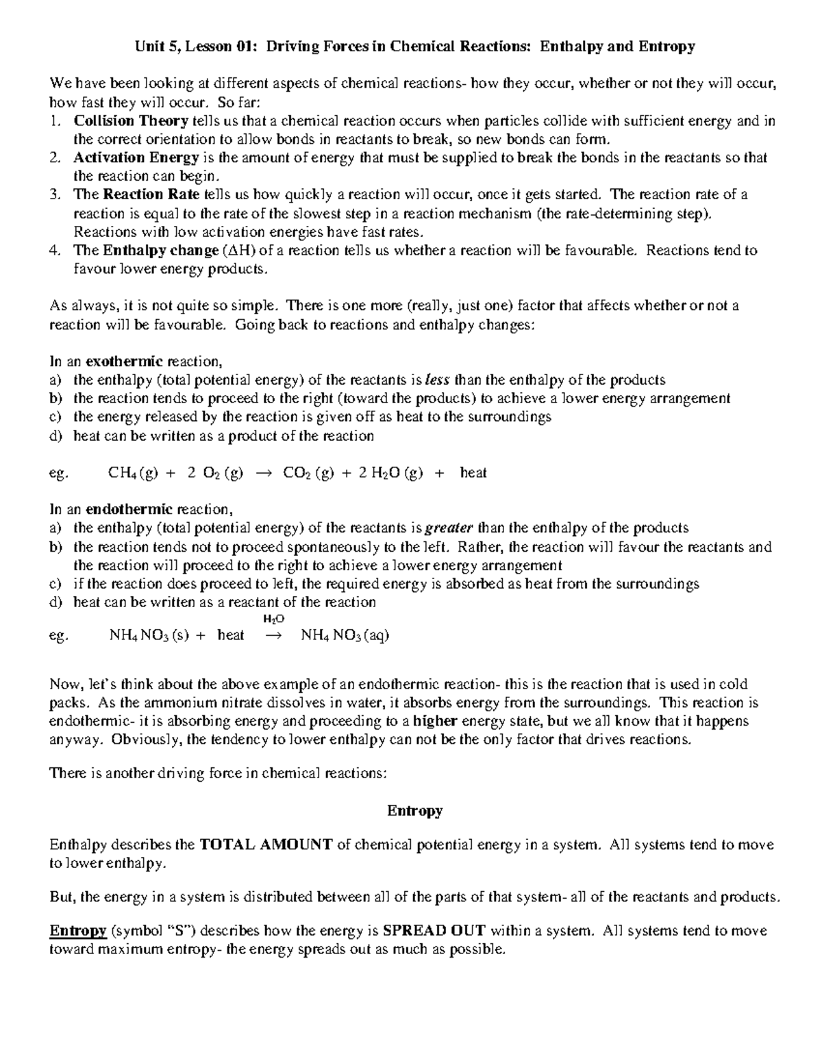 Unit 5, Lesson 01: Driving Forces in Chem Reactions - Enthalpy ...