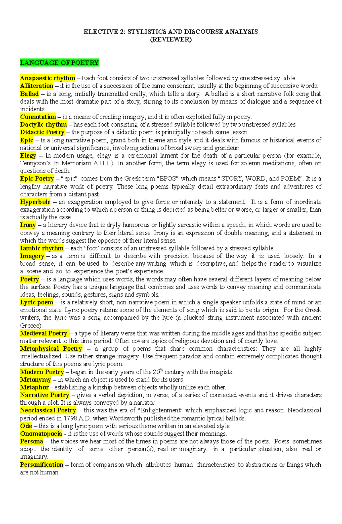Stylistics & Discourse Analysis (Elective 2) - Comprehensive Reviewer ...